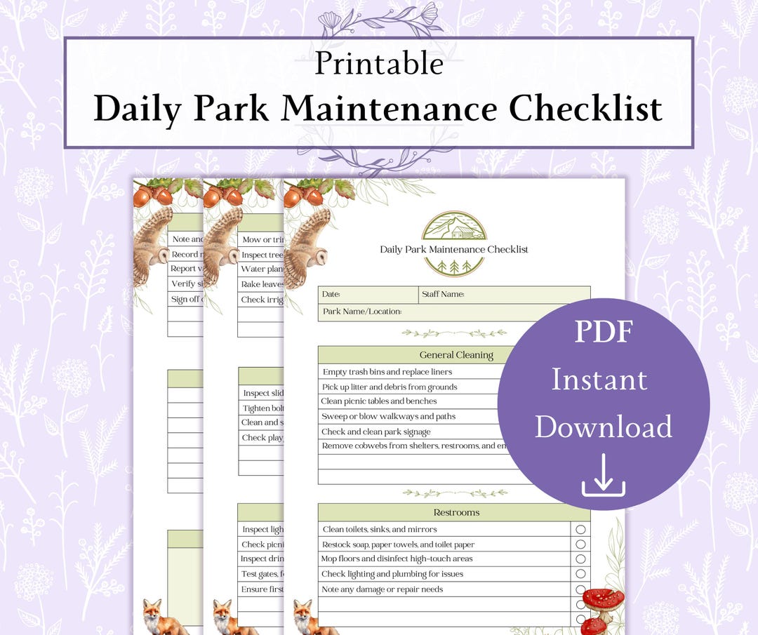 Daily Park Maintenance Checklist Printable PDF, Park Groundskeeping Log ...