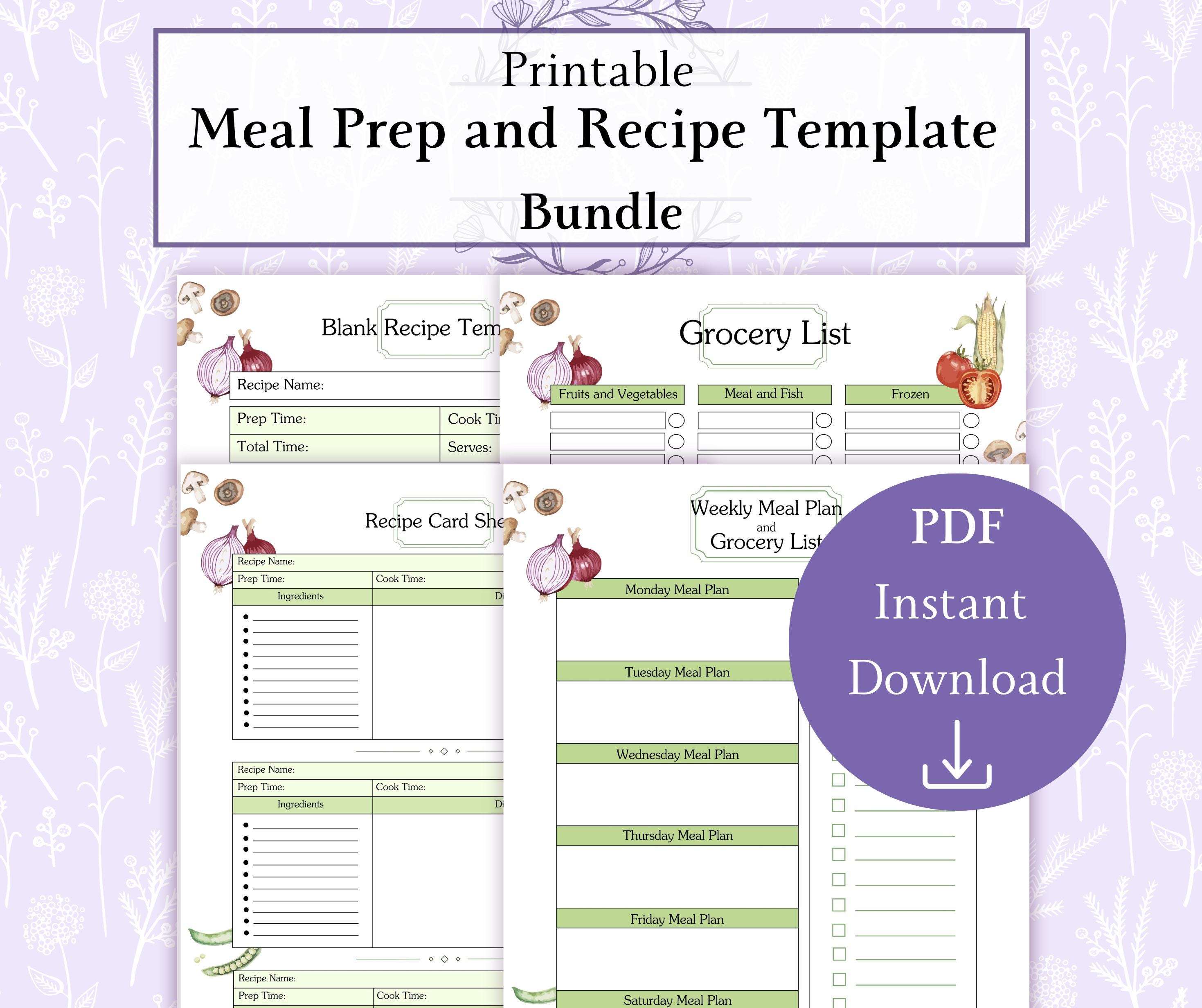 Meal Prep and Recipe Template Bundle Printable PDF | Grocery List ...