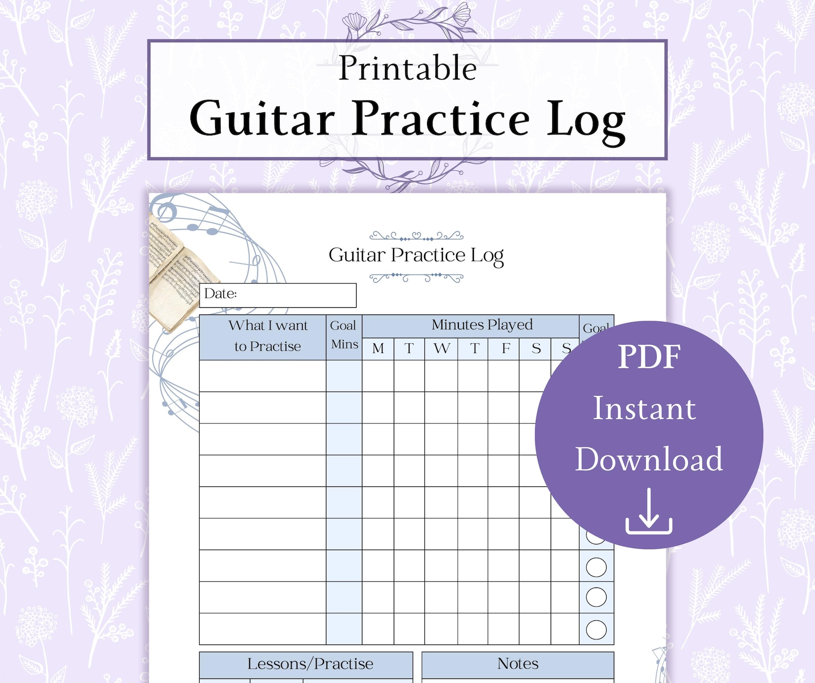 Guitar Practice Chart Printable PDF | Weekly Practice Log | Guitar ...