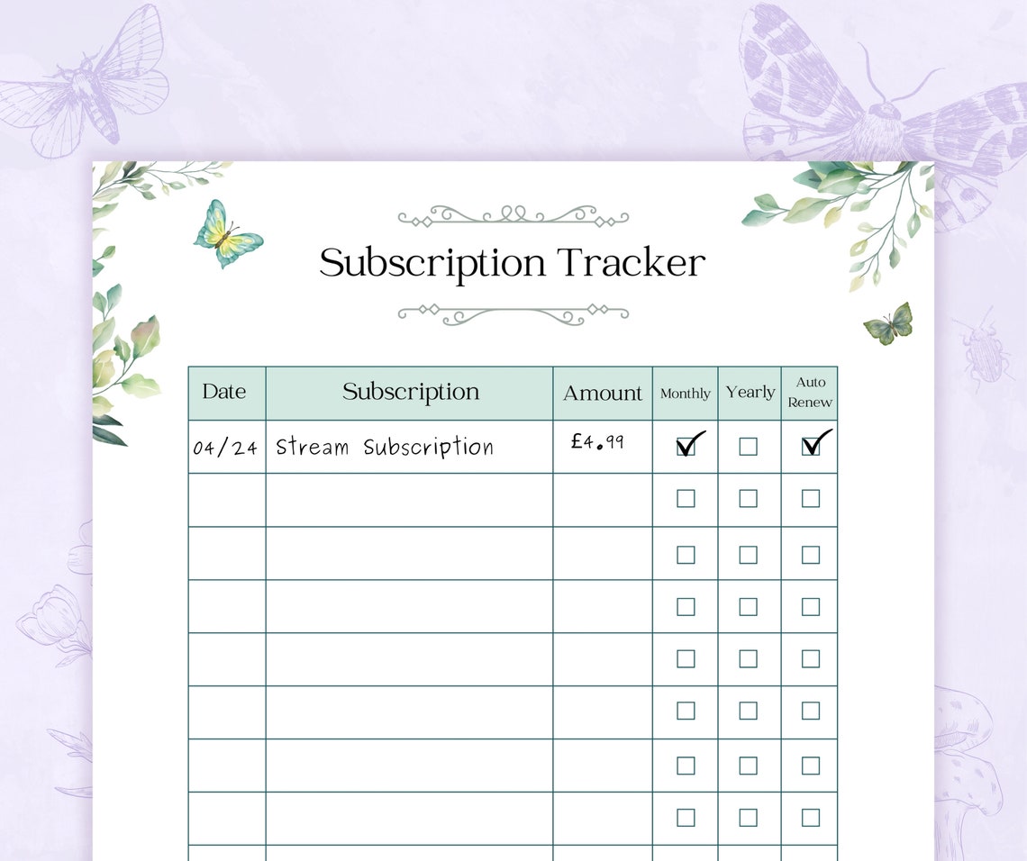 Subscription Tracker Printable PDF Membership Tracker Expense Log Sign ...