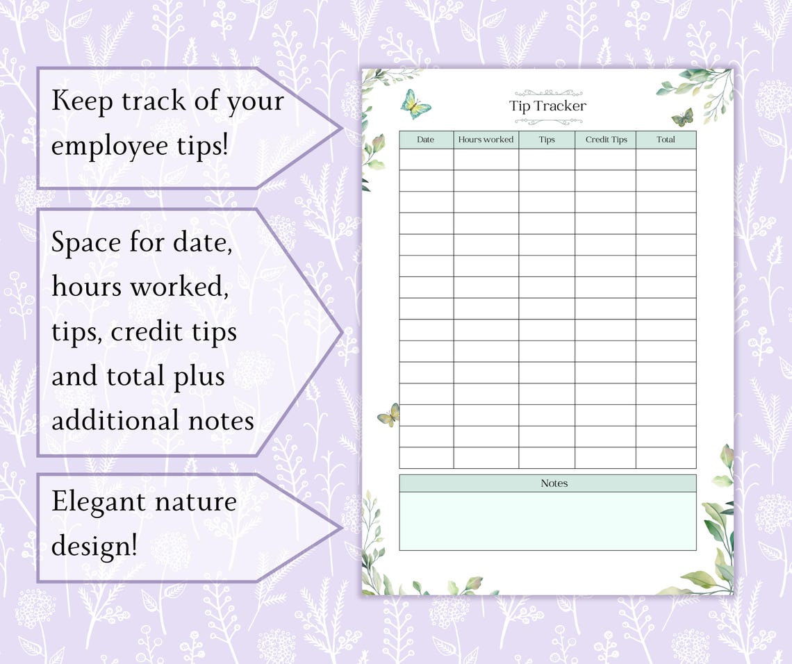 Employee Tip Tracker Printable PDF | Server Tip Tracker | Wait Tip ...