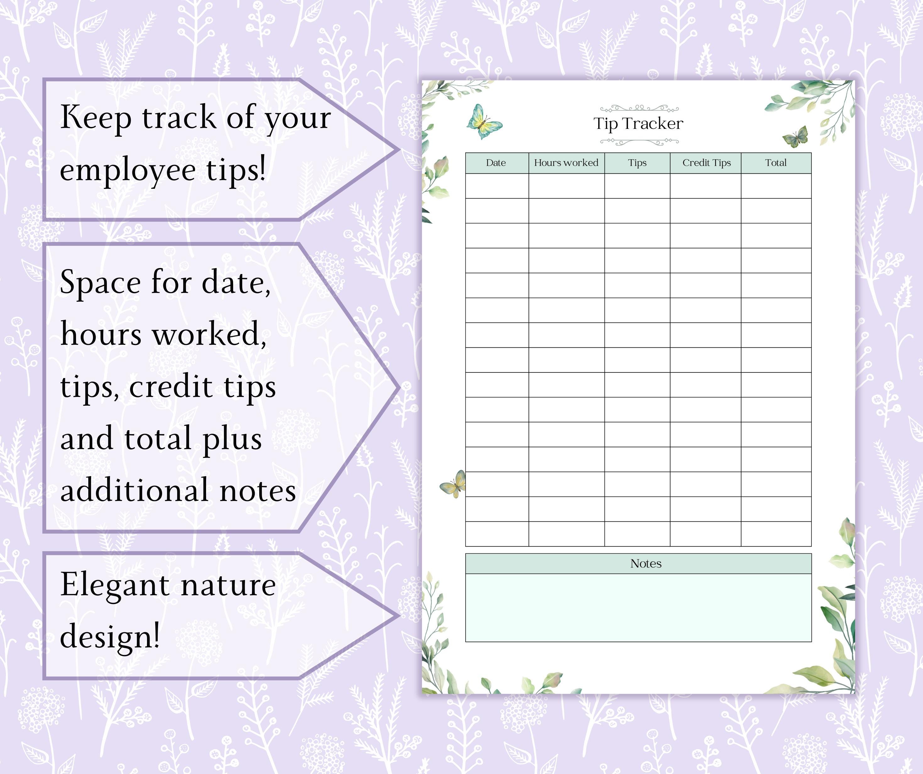 Employee Tip Tracker Printable PDF | Server Tip Tracker | Wait Tip ...