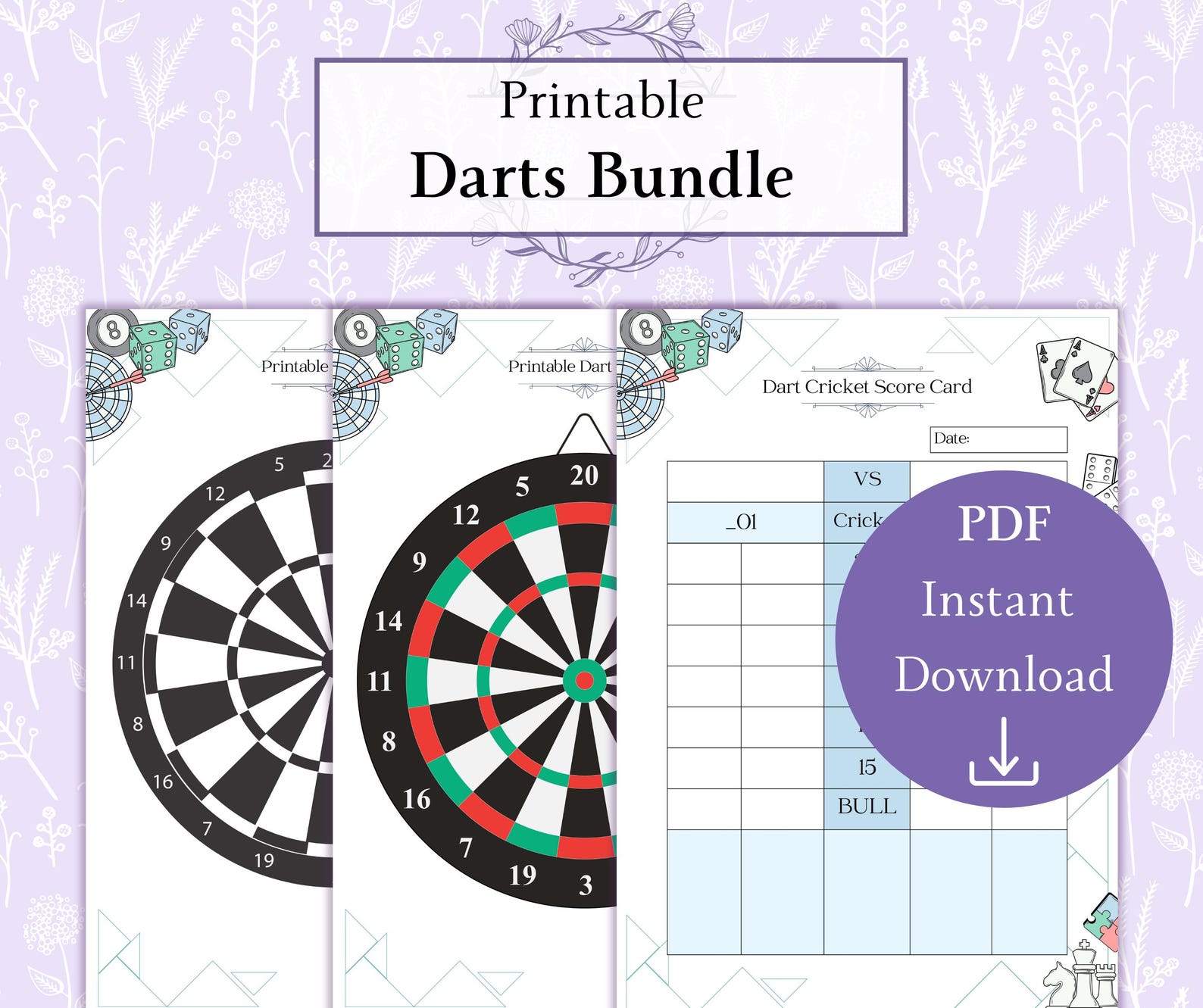 Darts Bundle Printable PDF | Dart Cricket Scorecard | Printable Darts ...
