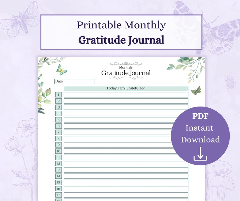 Monthly Gratitude Journal Printable PDF | Wellness Journal | Grateful ...