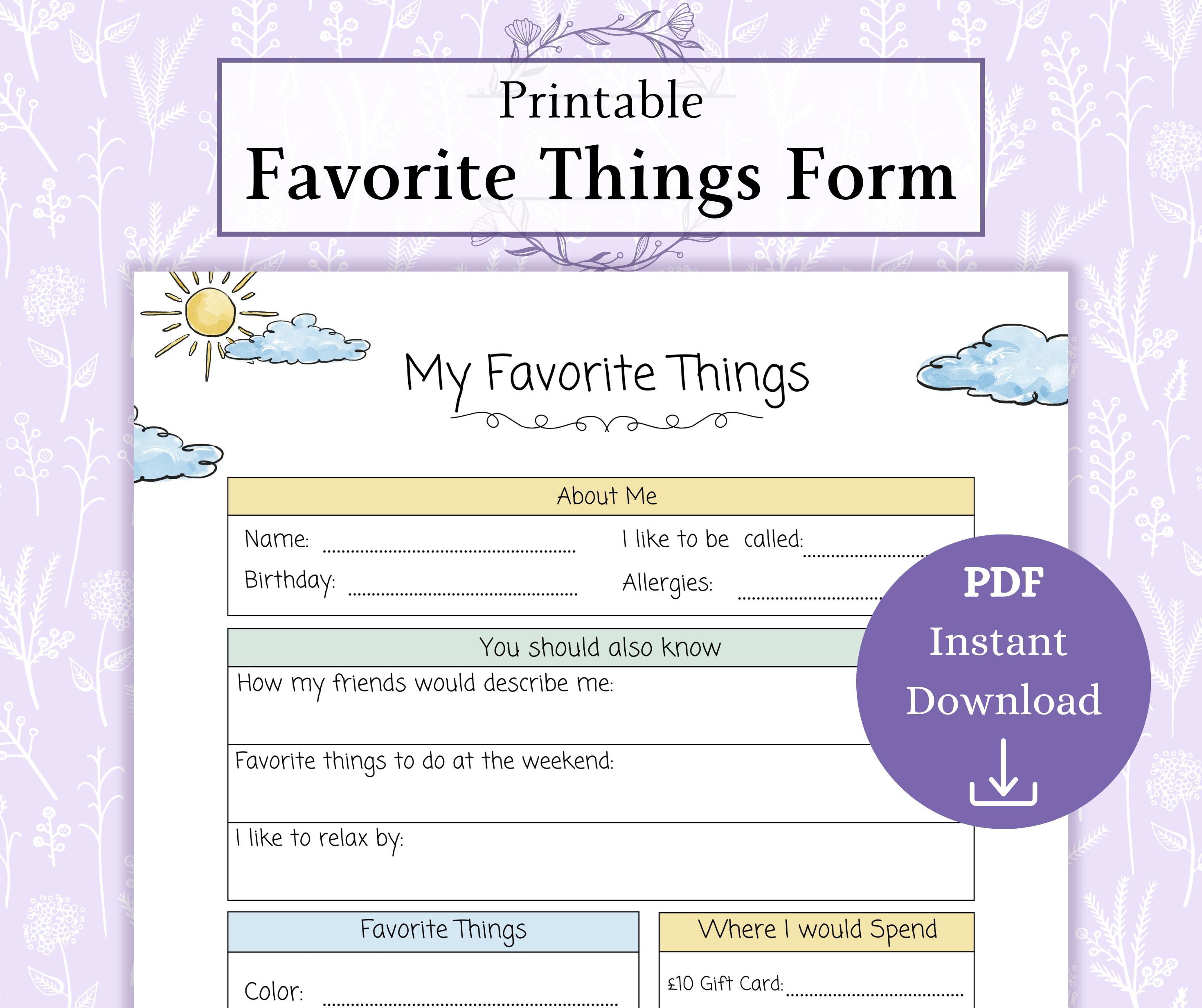 Teacher Favorite Things Form Printable PDF | All About Me | Introduce ...
