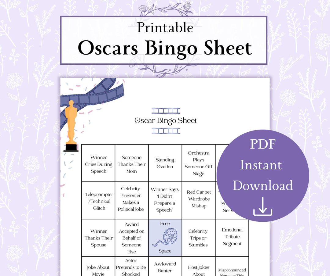 Oscars Bingo Sheet Printable PDF, Academy Awards Bingo, Movie Awards ...