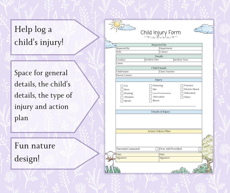Child Injury Form Printable PDF | Daycare Ouch Report | Booboo Report ...