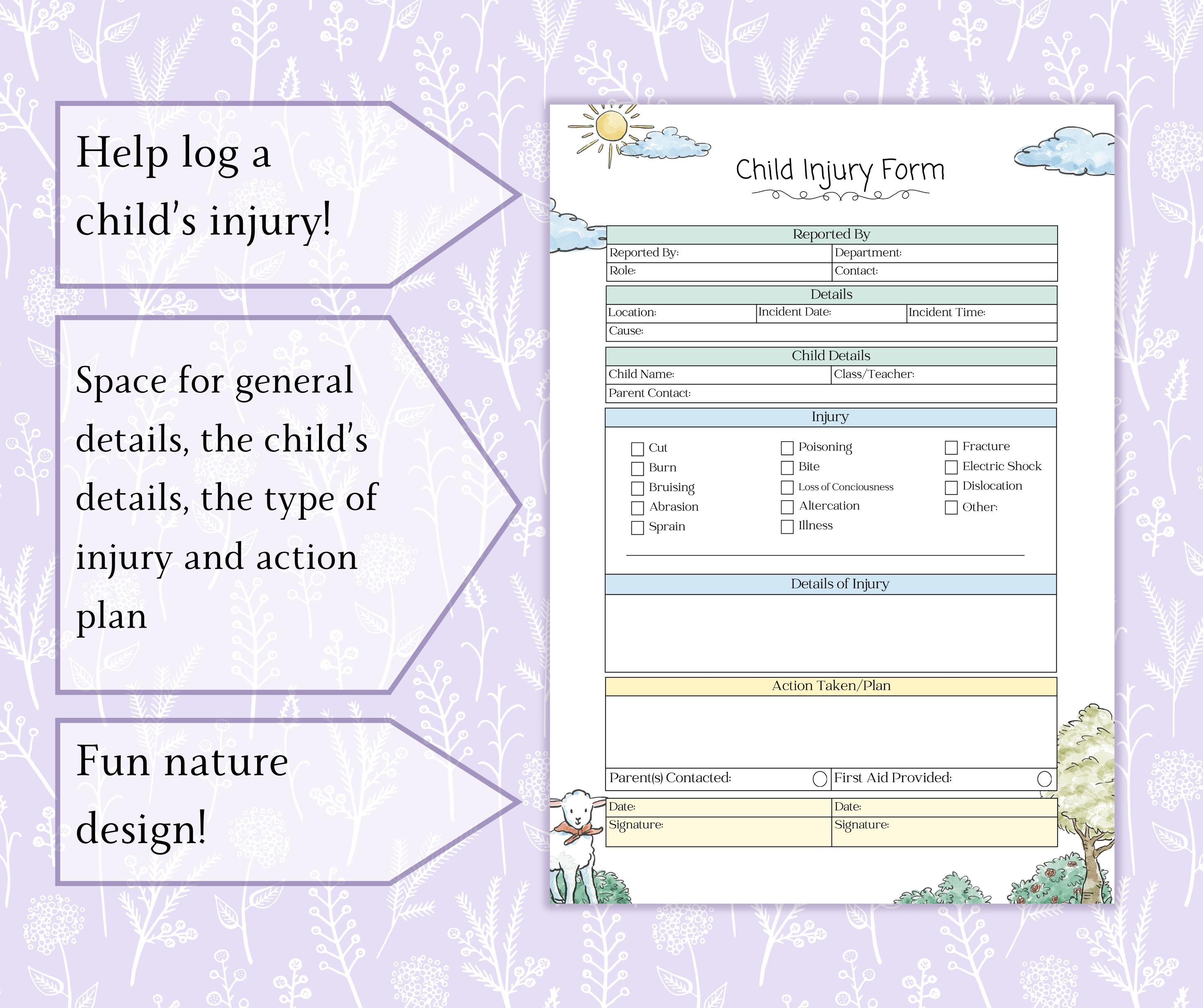 Child Injury Form Printable PDF | Daycare Ouch Report | Booboo Report ...