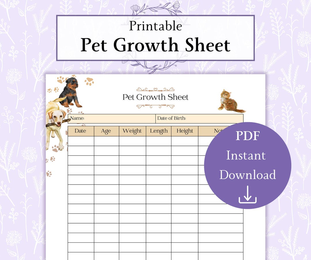 Pet Growth Sheet Printable PDF | Puppy Growth Tracker | Printable Pet ...
