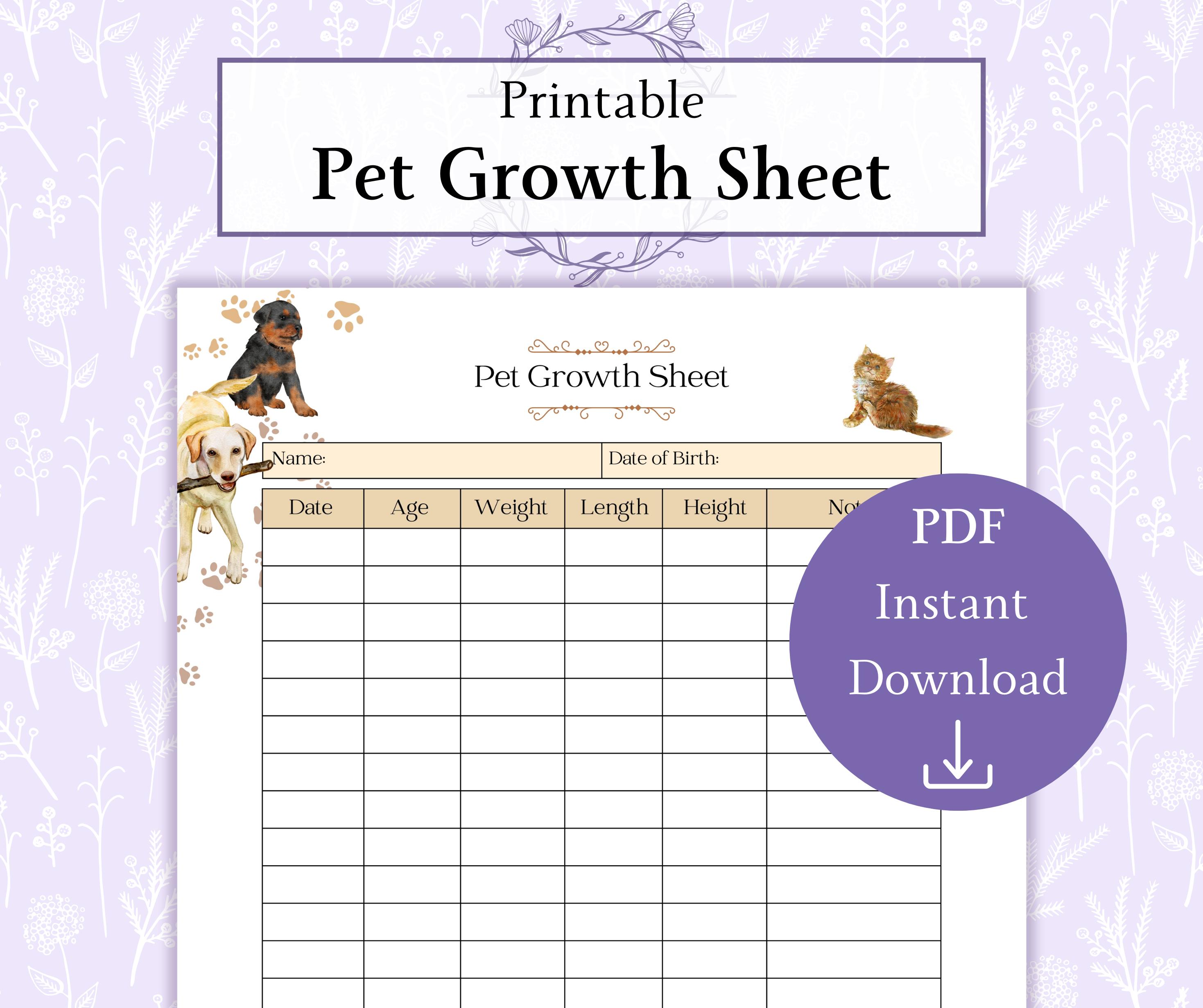 Pet Growth Sheet Printable PDF | Puppy Growth Tracker | Printable Pet ...