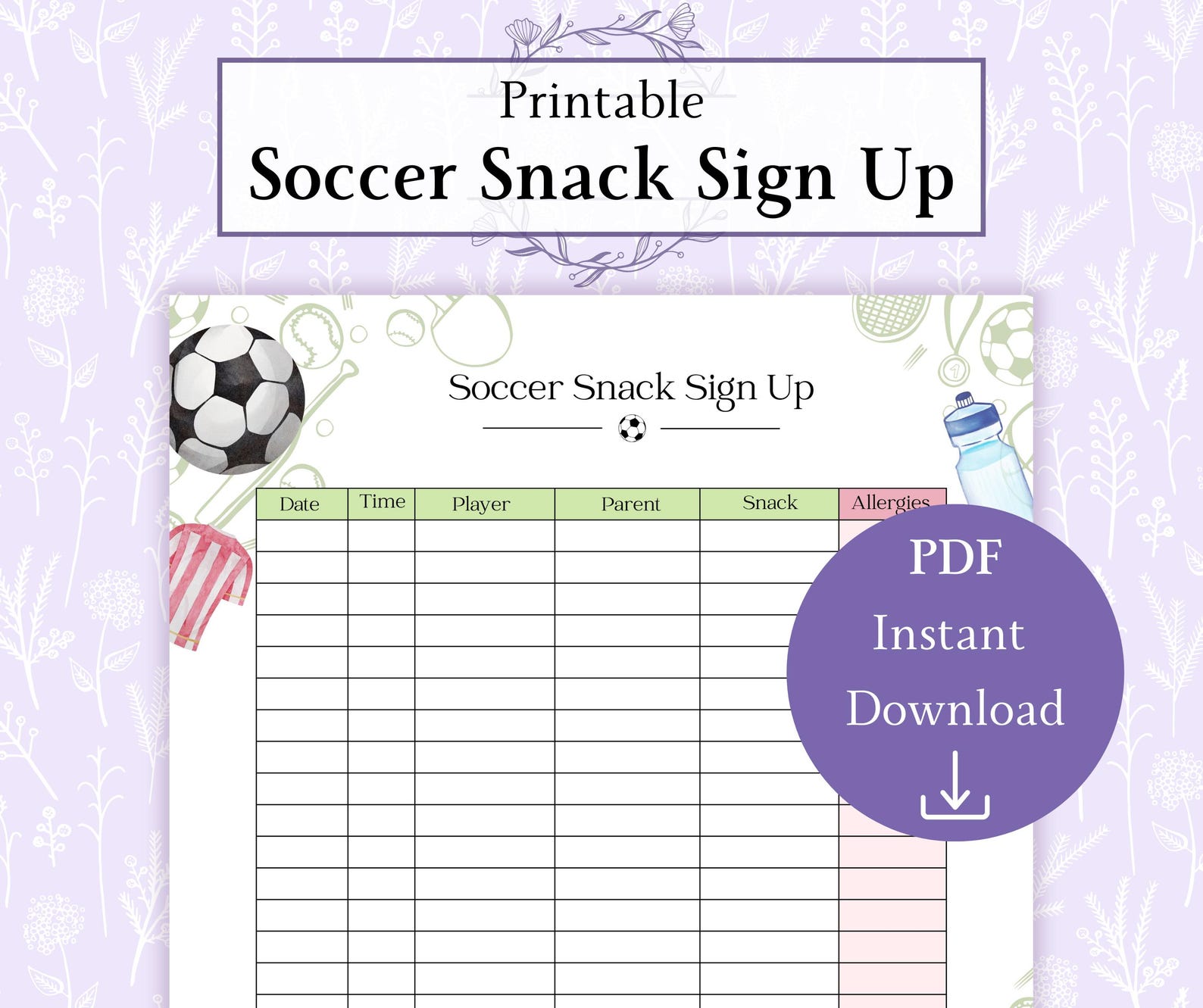 Soccer Snack Sign up Printable PDF | Football Sign up Snack List ...