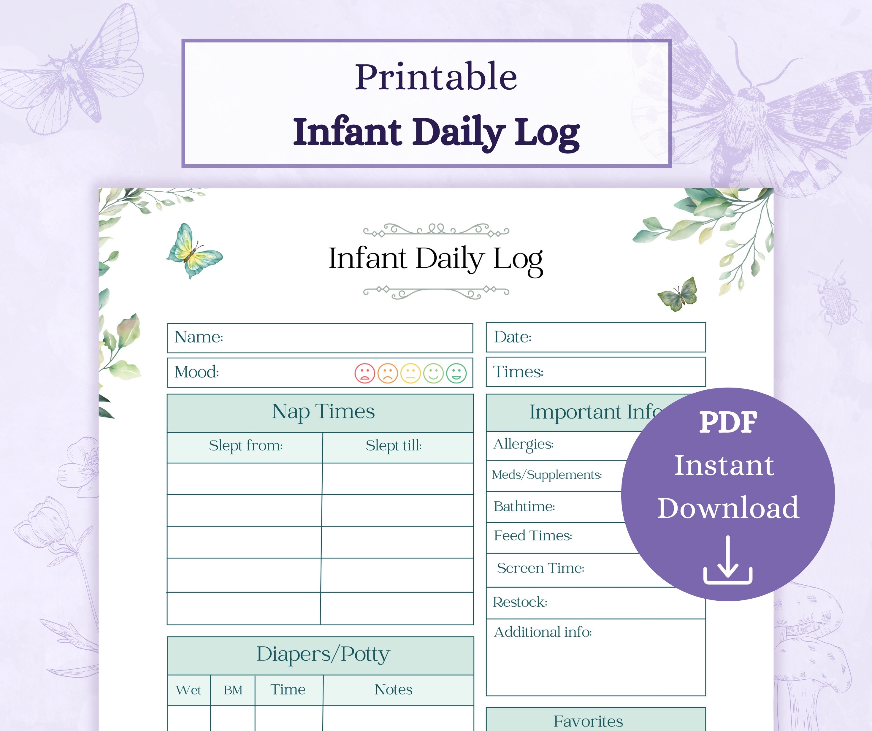 Infant Daily Log Printable PDF | Nanny Checklist | Caregiver Log ...