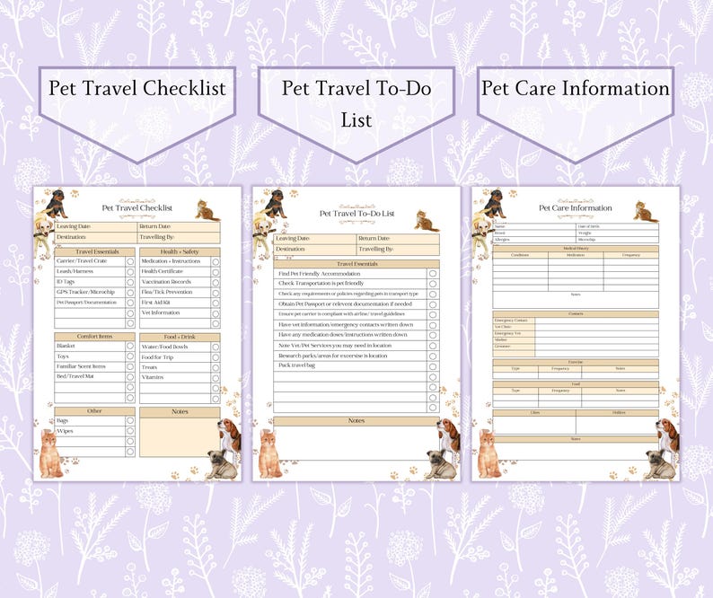 Pet Travel Checklist Bundle Printable PDF Dog Travel List Pet Care Info ...