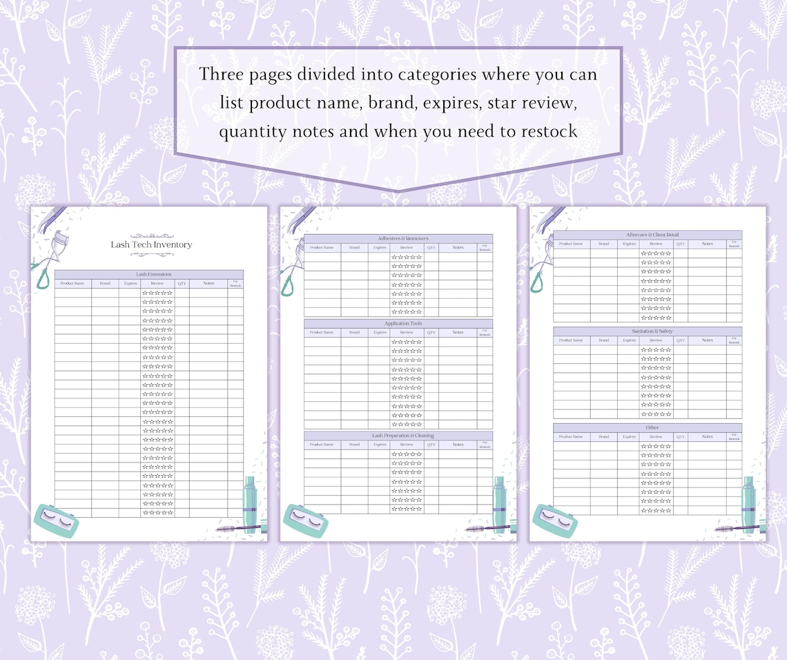 Lash Tech Inventory Tracker Printable PDF | Lash Tech Forms | Eyelash ...