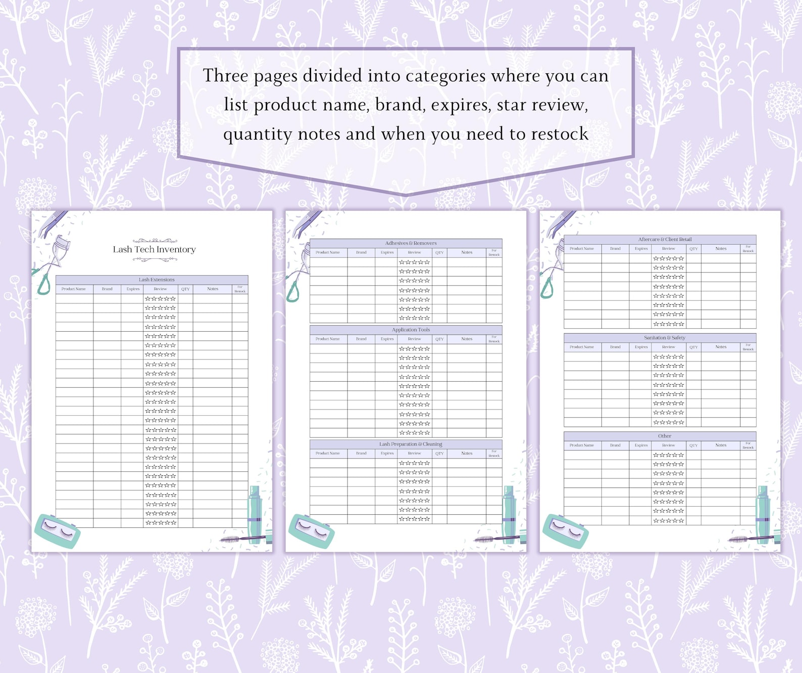 Lash Tech Inventory Tracker Printable PDF | Lash Tech Forms | Eyelash ...