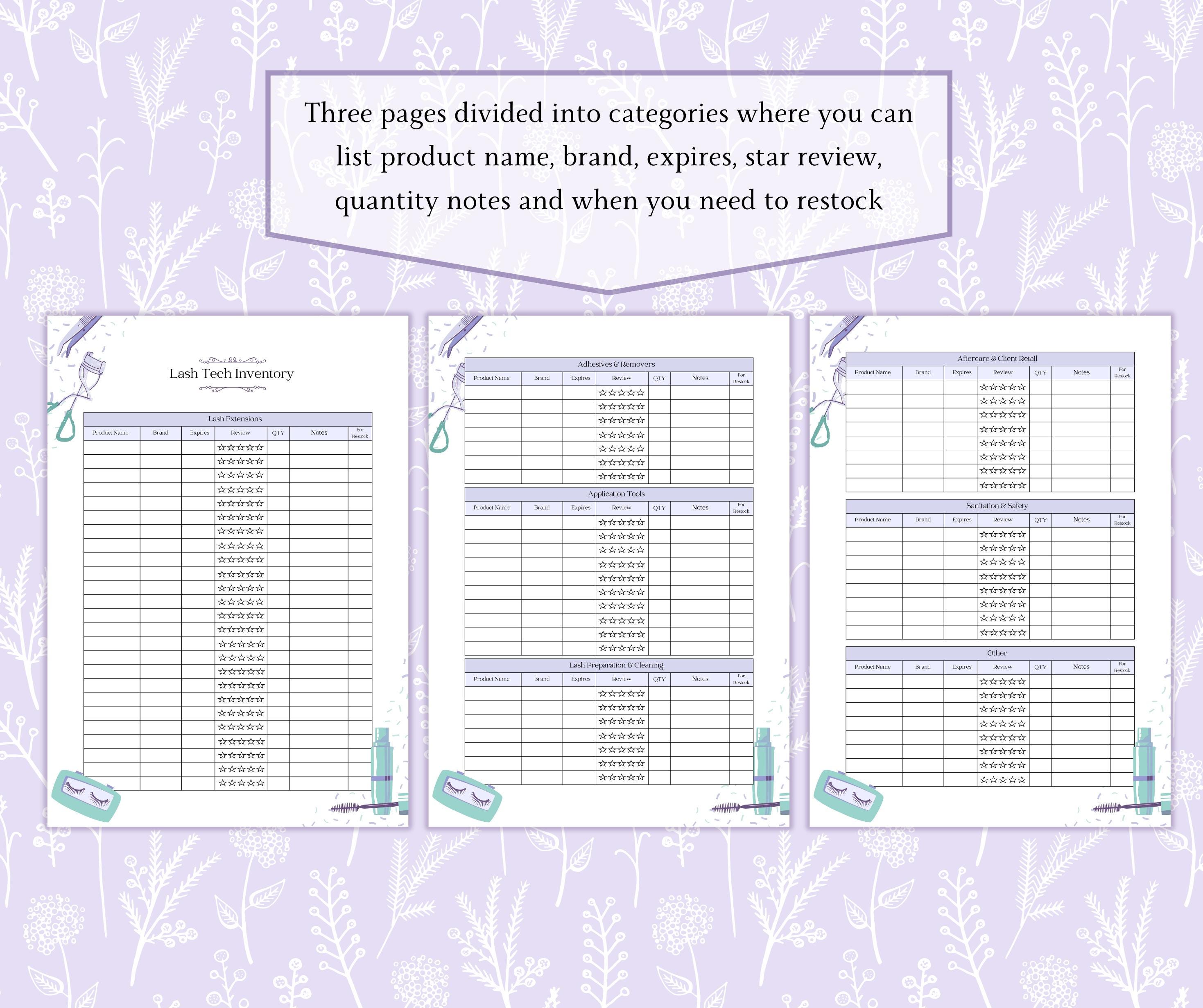 Lash Tech Inventory Tracker Printable PDF | Lash Tech Forms | Eyelash Stock List | Lash Tech ...