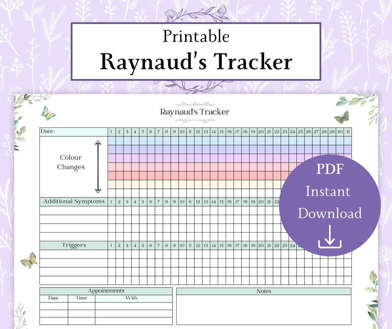 Raynauds Tracker Printable PDF | Symptom Diary | Raynauds Disease ...