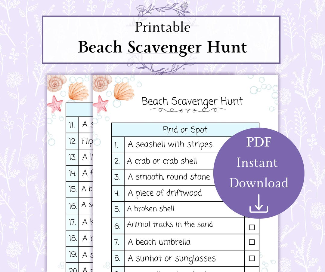 Beach Scavenger Hunt Printable PDF | Summer Scavenger Hunt | Beach ...