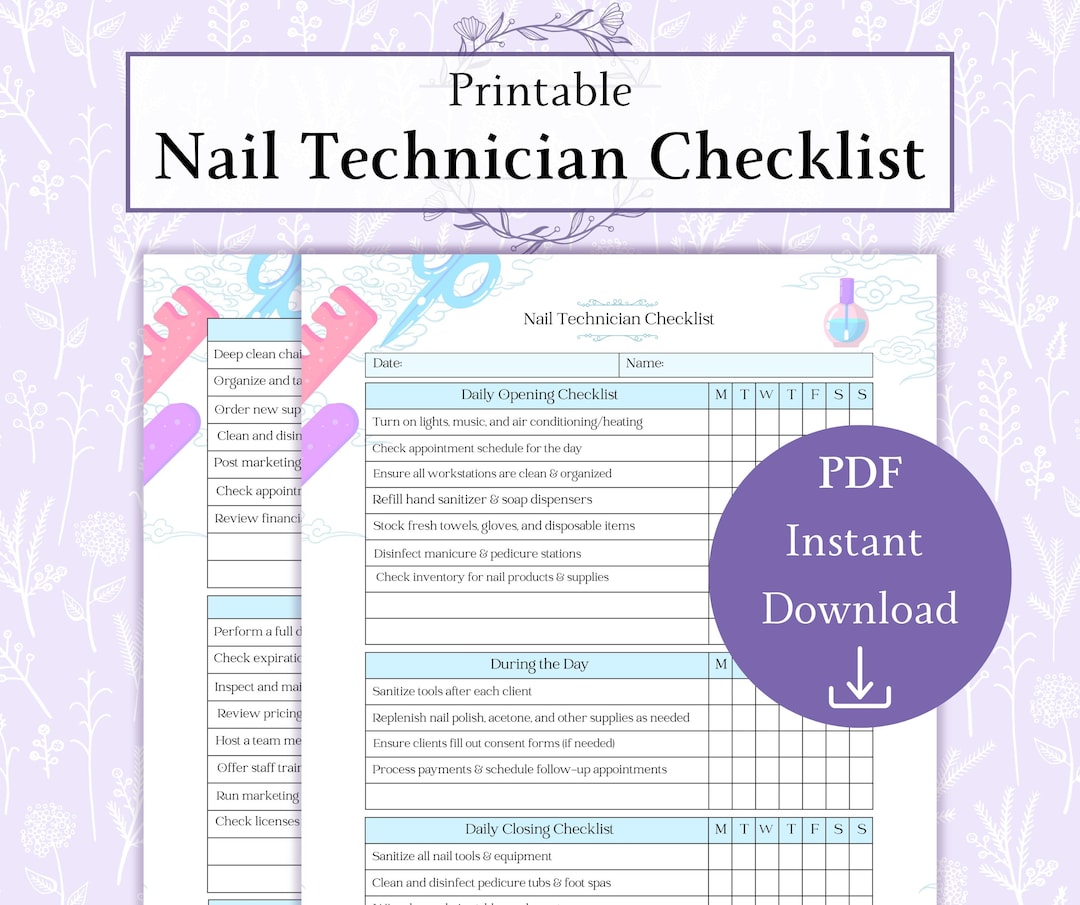Nail Technician Checklist Printable PDF | Nail Salon Checklist | Nail ...