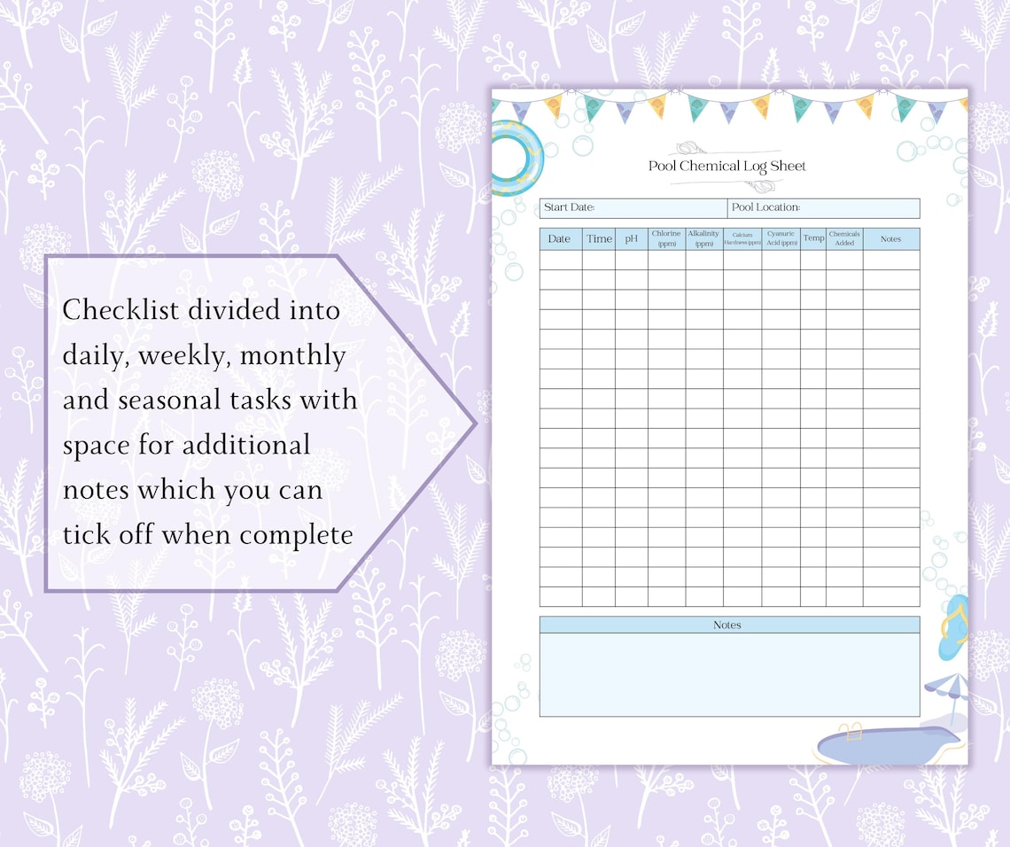 Pool Chemical Log Sheet Printable PDF | Pool Balance Tracker | Swimming ...