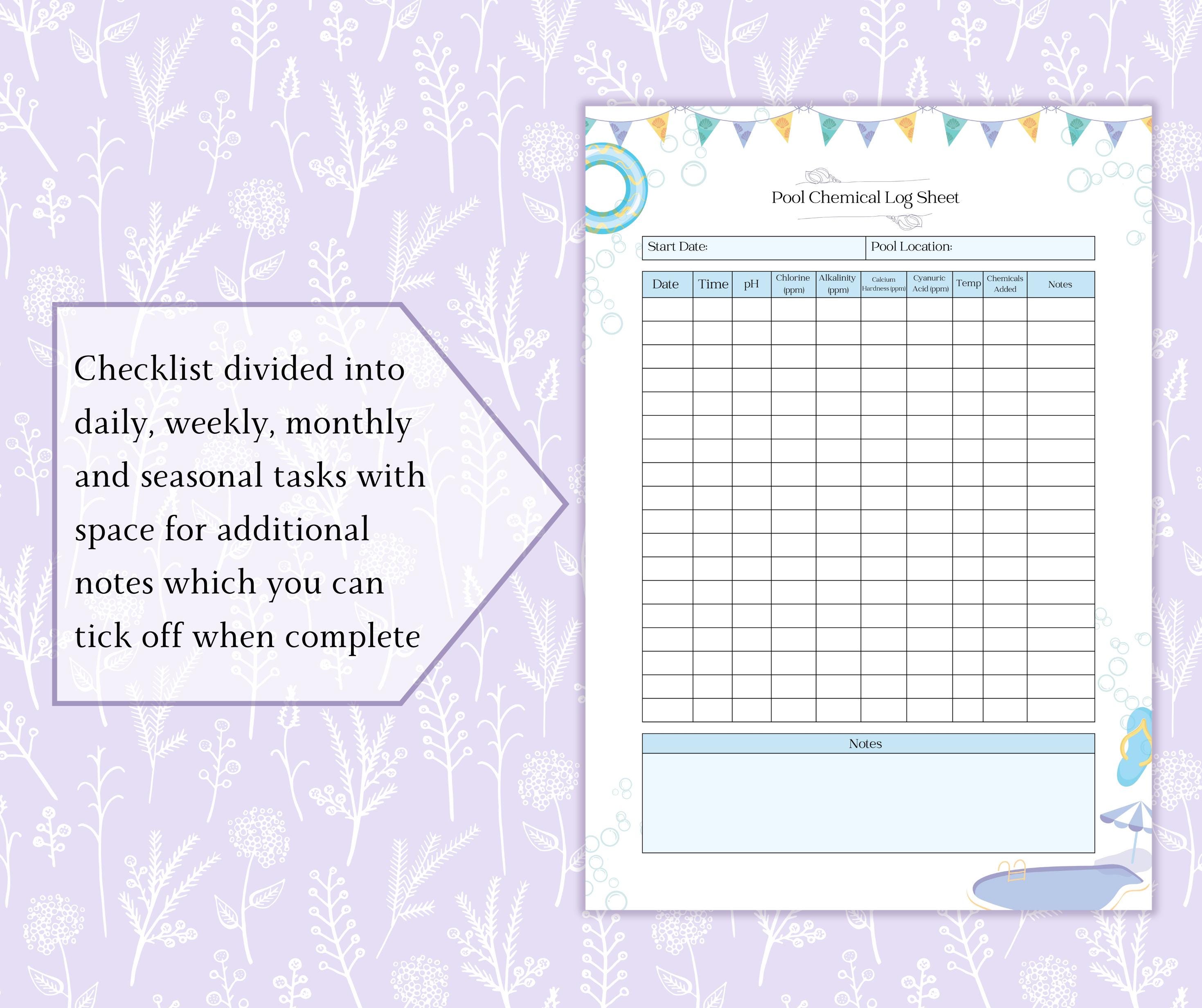 Pool Chemical Log Sheet Printable PDF | Pool Balance Tracker | Swimming ...