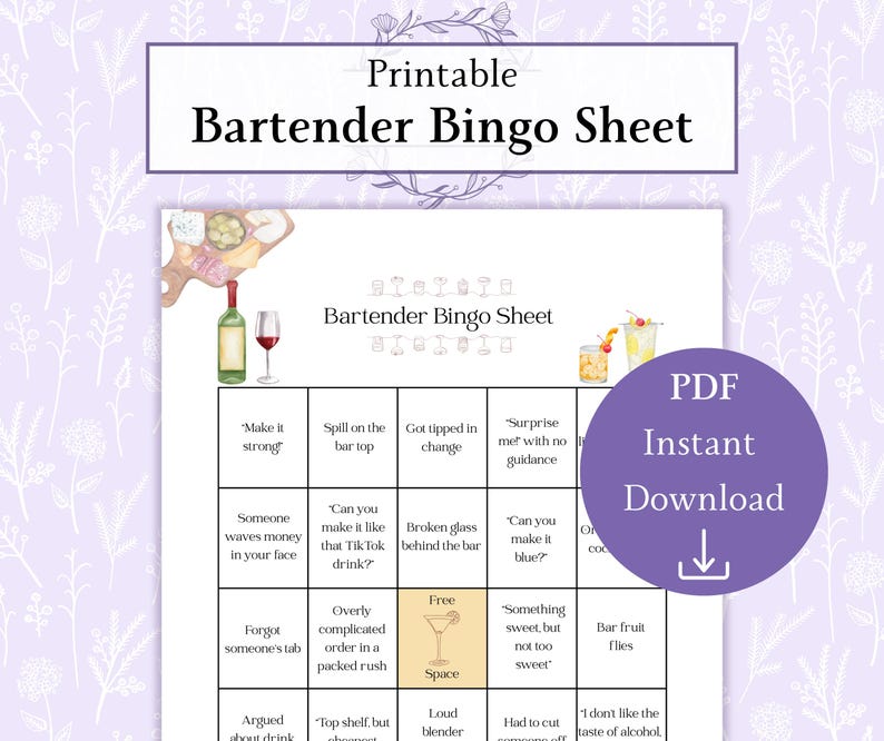 Bartender Bingo Sheet Printable PDF, Bar Staff Game, Funny Bartender ...
