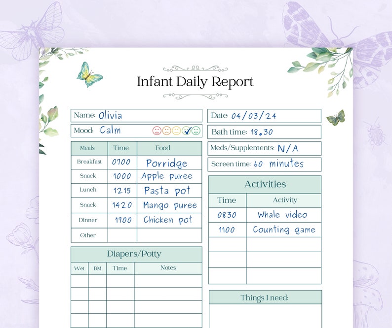 Infant Daily Report Printable PDF | Nanny Report | Caregiver Log ...