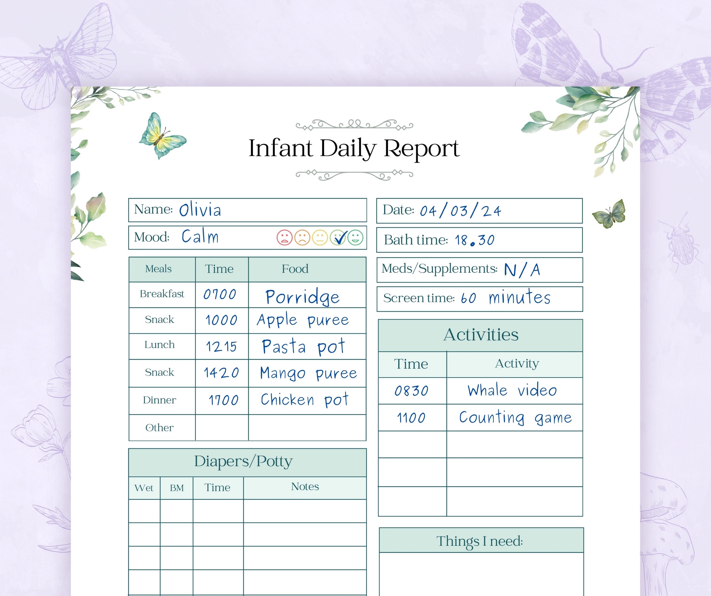 Infant Daily Report Printable PDF | Nanny Report | Caregiver Log ...