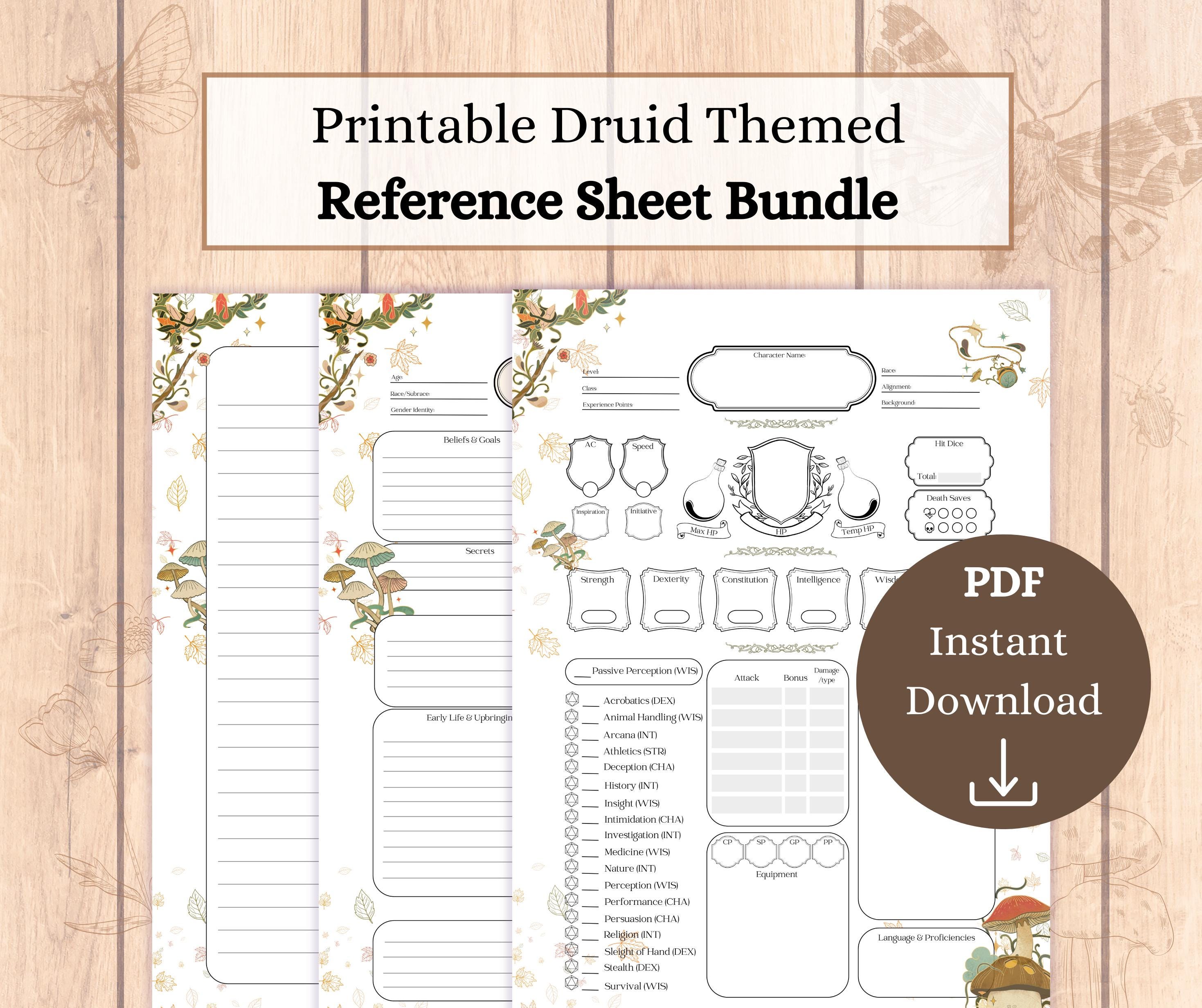 Druid Dnd Reference Sheet Bundle Printable PDF | Druid Character Sheet ...