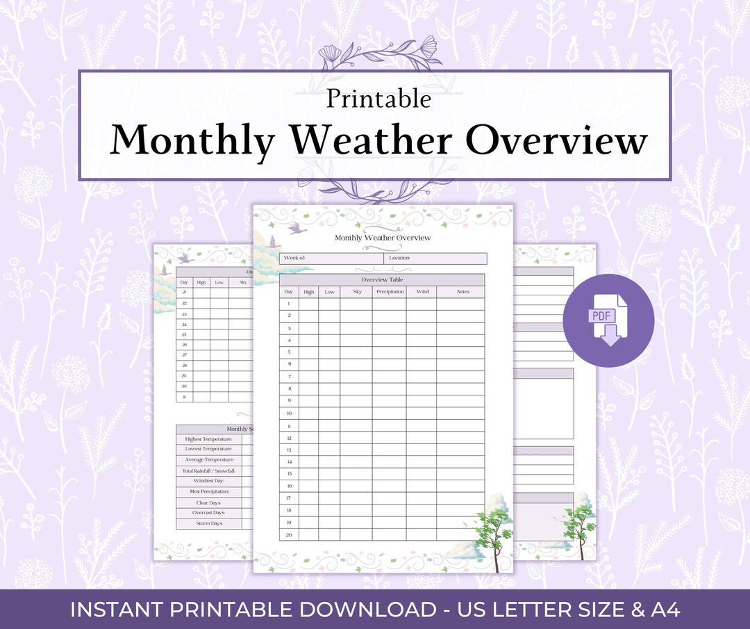 Monthly Weather Overview Printable PDF, Climate Monitoring Log, Weather ...