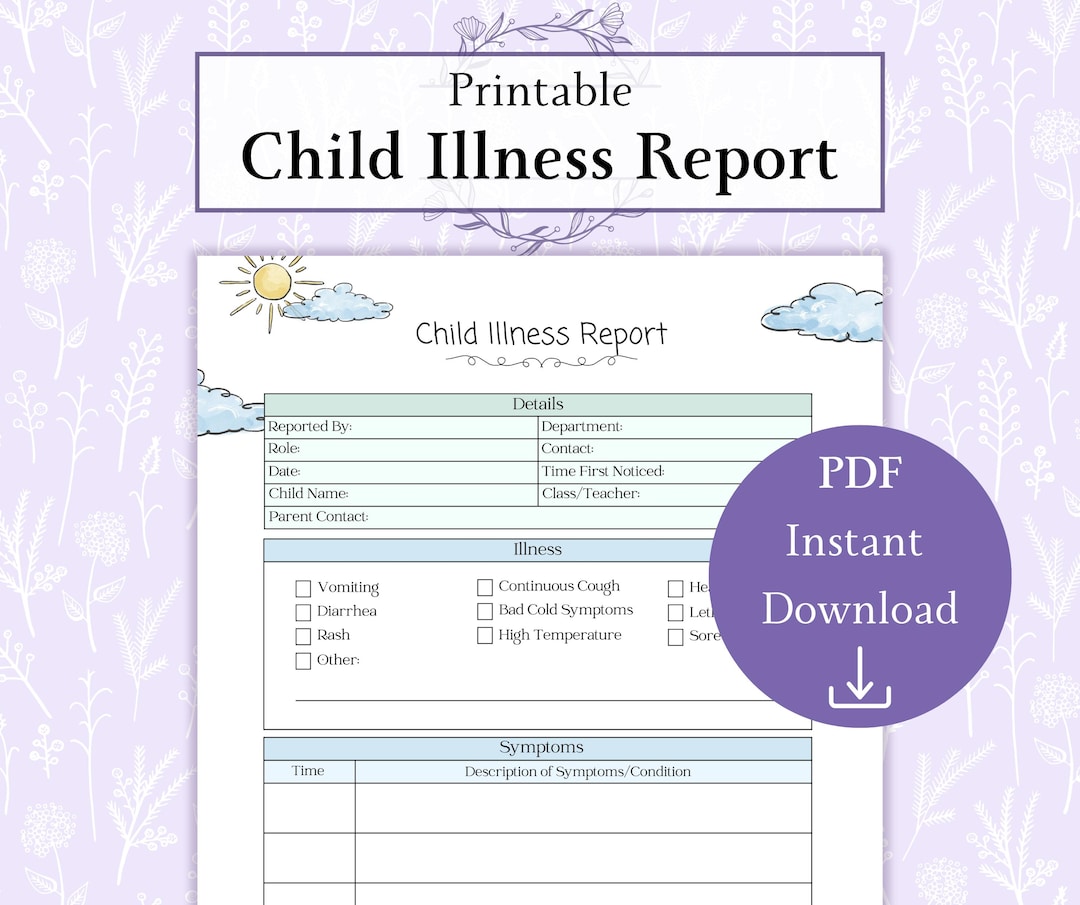 Child Illness Report Printable PDF | Child Care Log | Daycare Illness ...