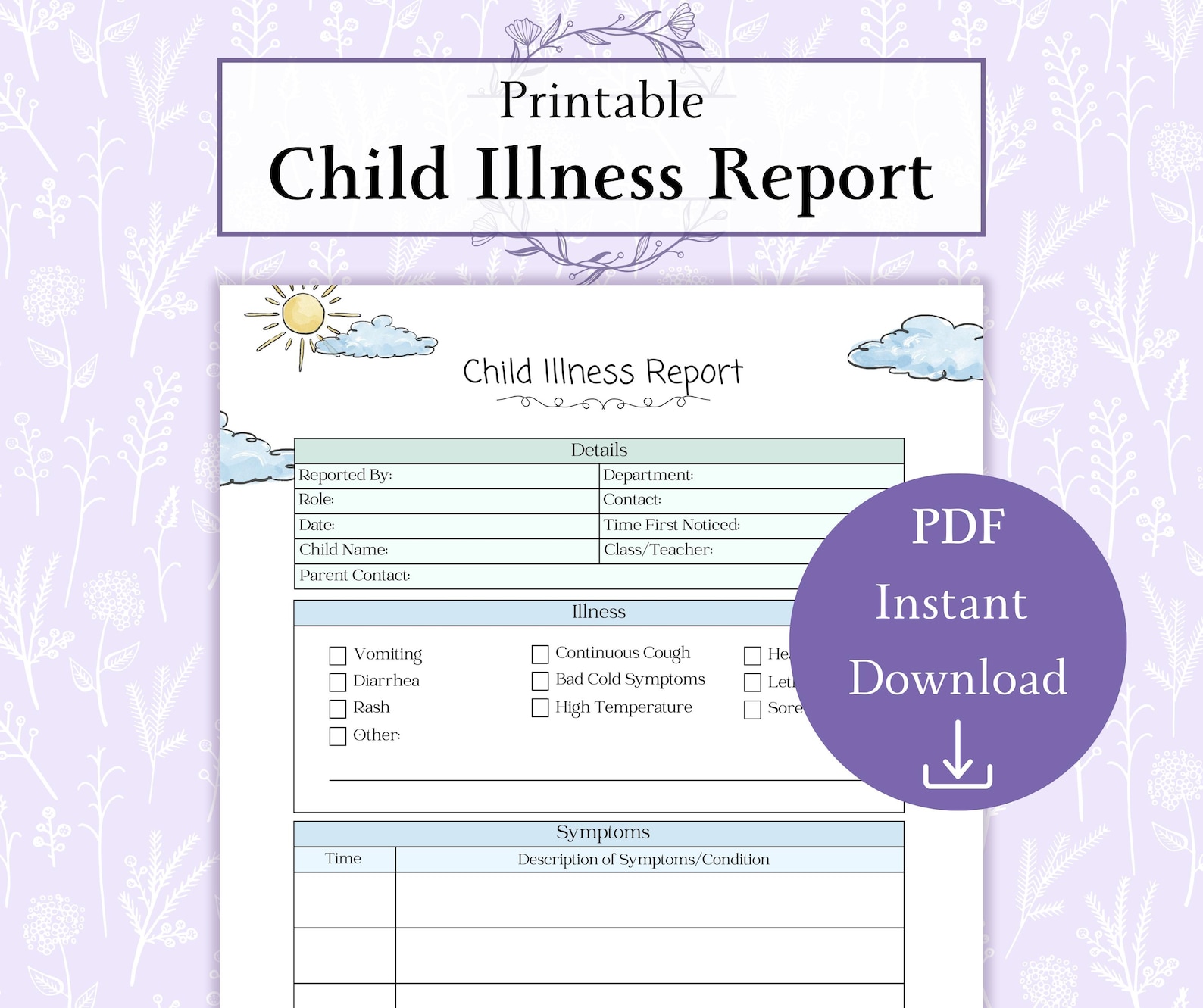 Child Illness Report Printable PDF | Child Care Log | Daycare Illness ...
