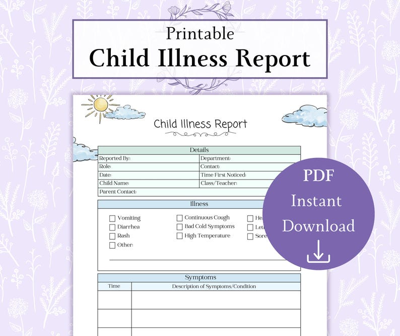 Child Illness Report Printable PDF | Child Care Log | Daycare Illness ...