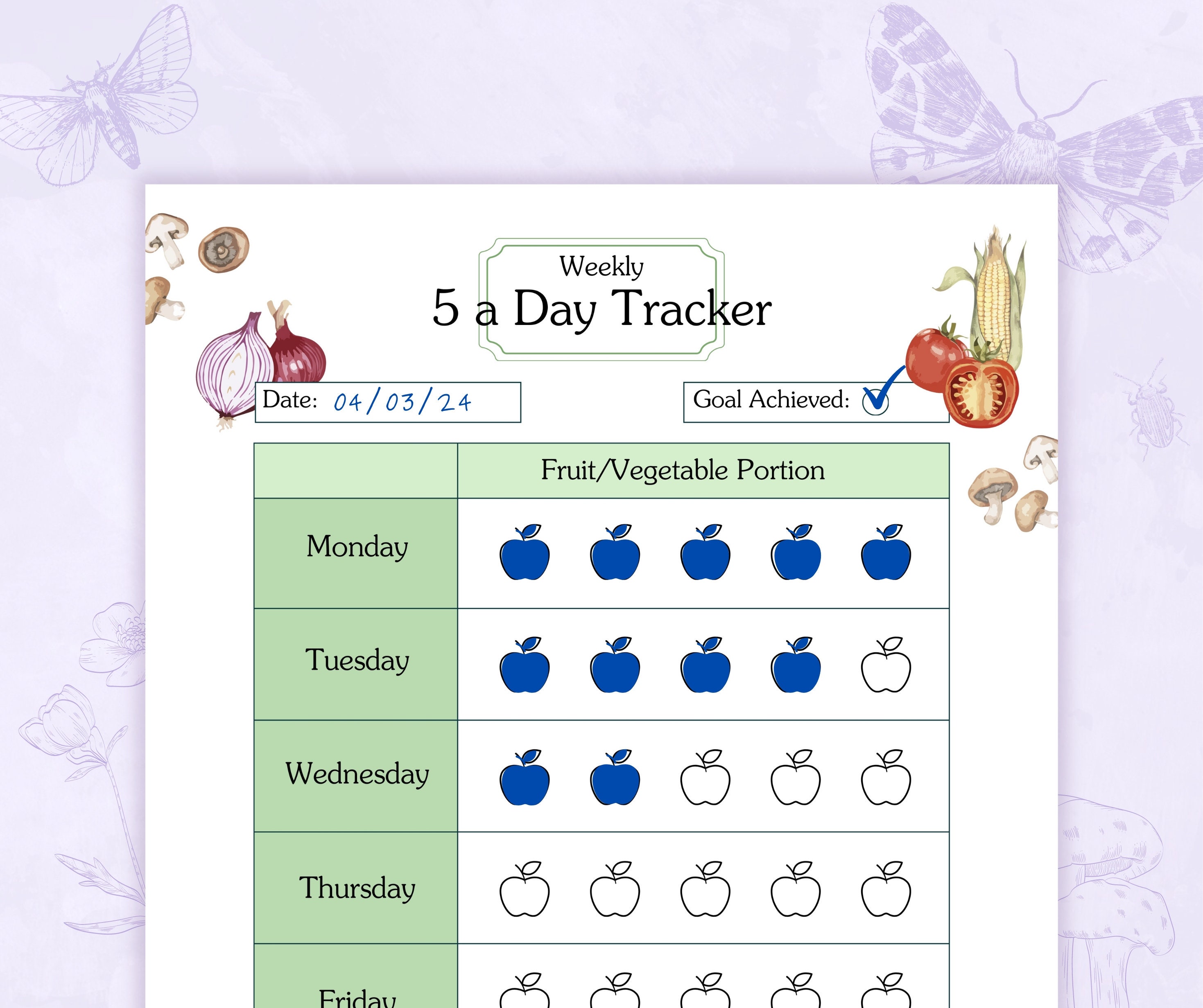 Five A Day Tracker Printable PDF | Nutrition Chart | Wellness Journal ...