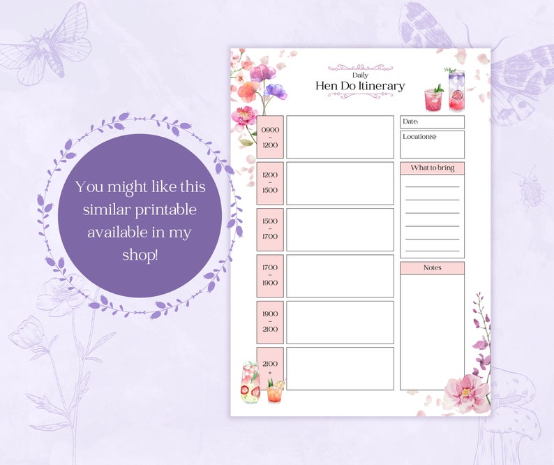 Hen Do Itinerary Printable PDF Weekend Hen Party Itinerary Team Bride ...