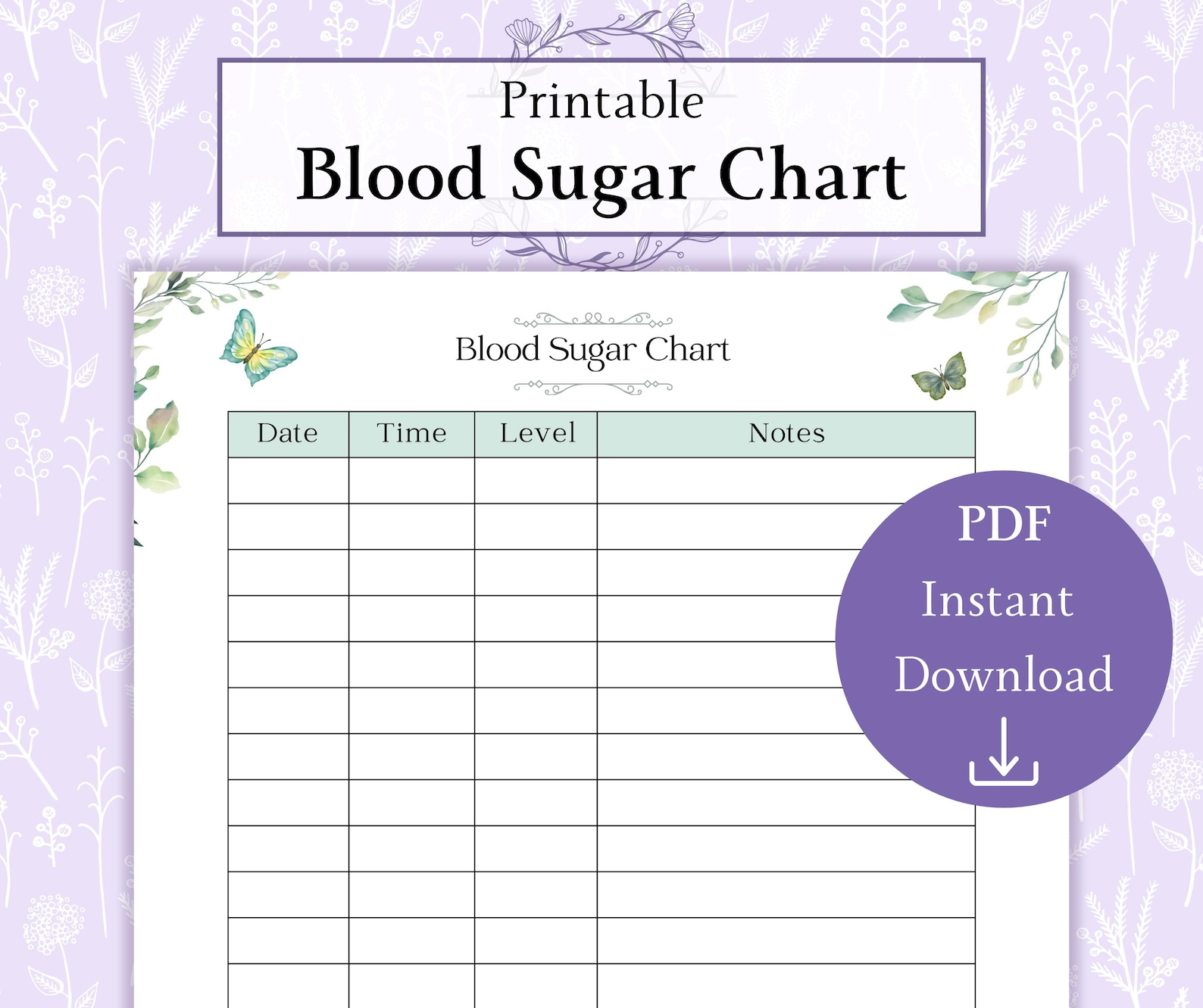 Blood Sugar Chart Printable PDF | Daily Blood Sugar Reading Log ...