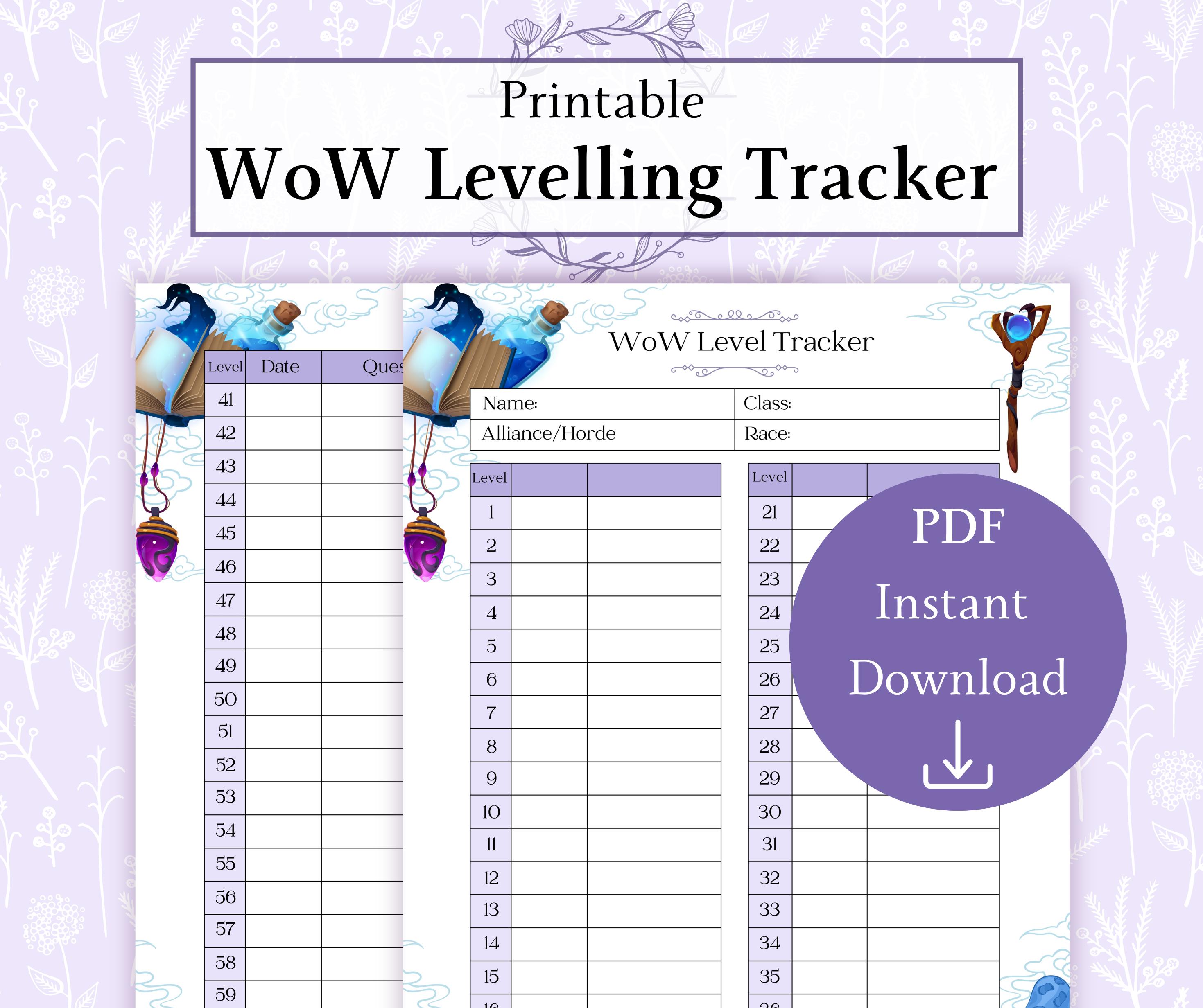 Wow Levelling Tracker Printable PDF | Classic Wow Video Game Level ...