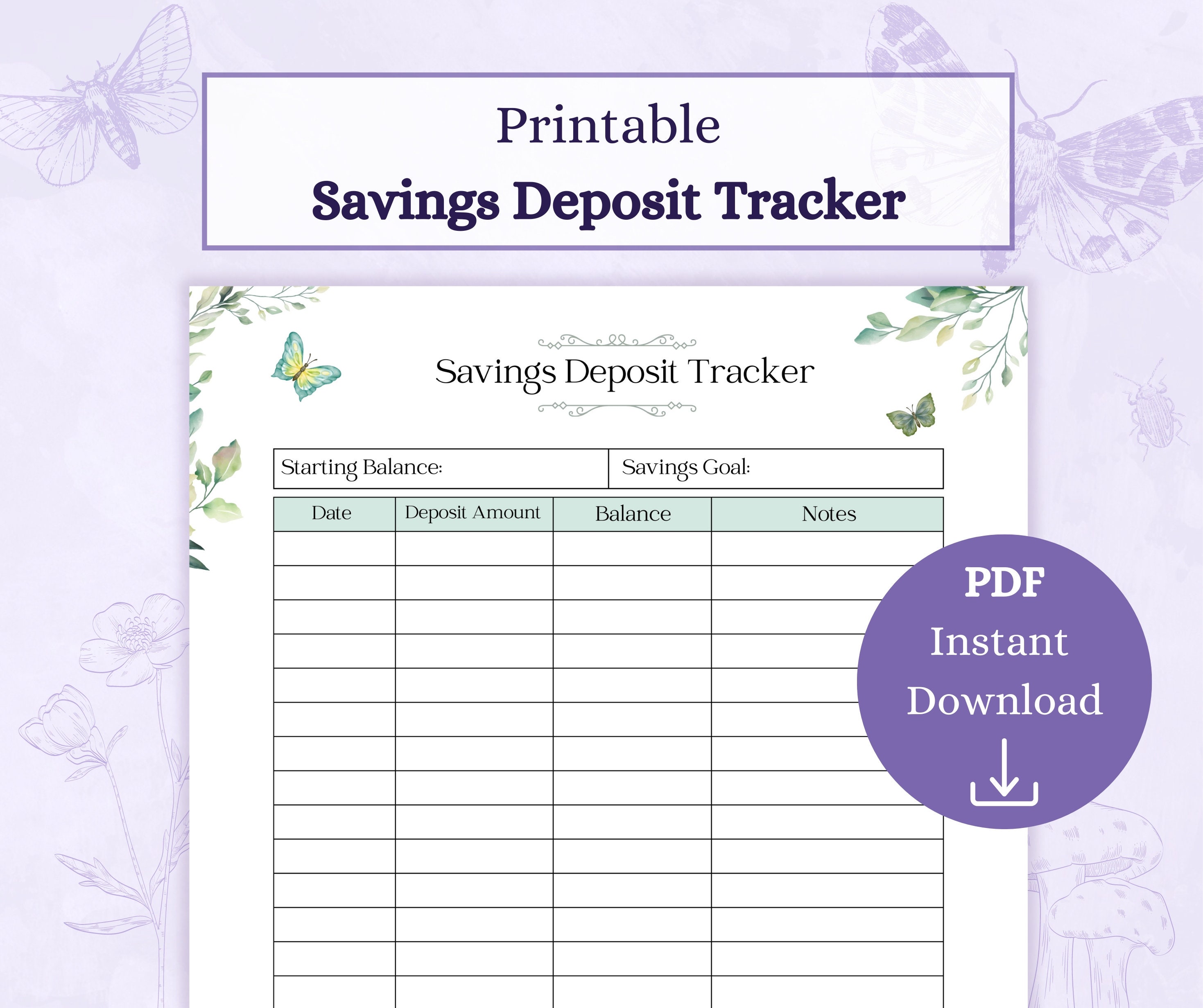 Savings Deposit Tracker Printable PDF | Budget Planner | Personal ...