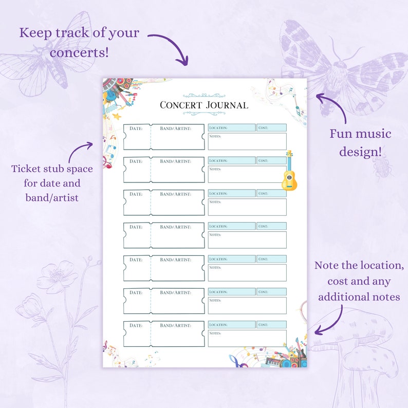 Concert Journal Printable PDF | Gig Tracker | Concert Log | Gig Diary ...