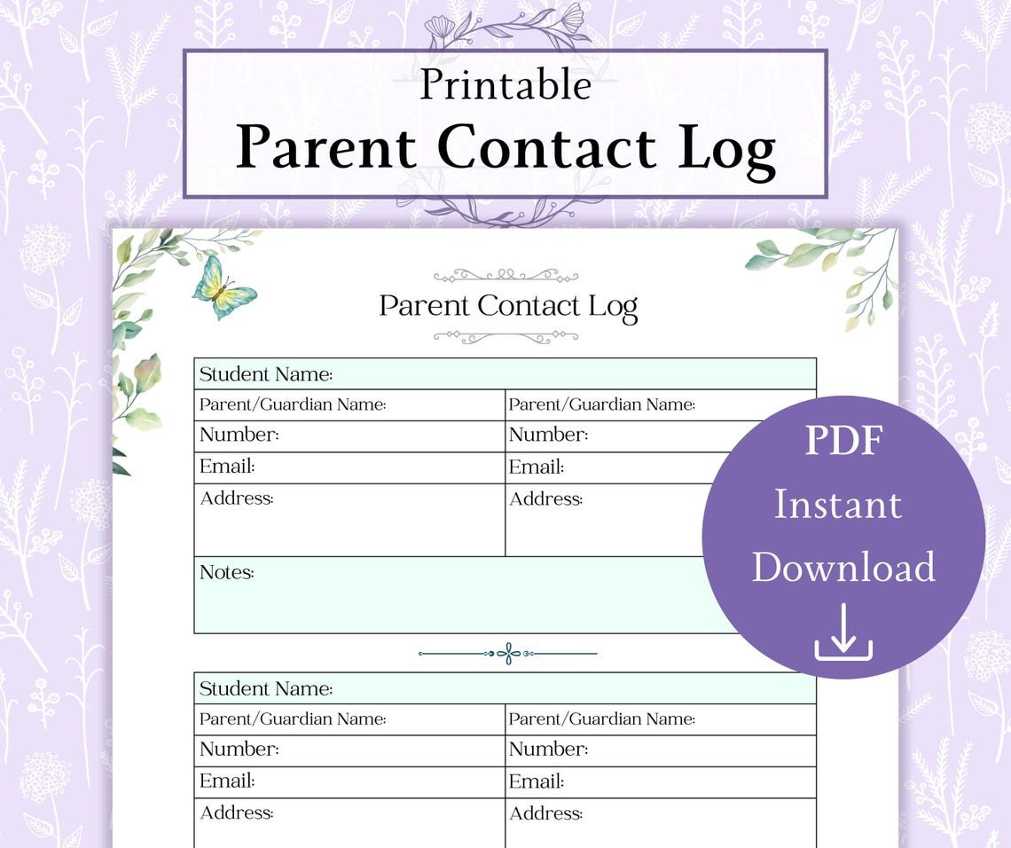 Parent Contact Log Printable PDF | Parent Teacher Log | Communication ...