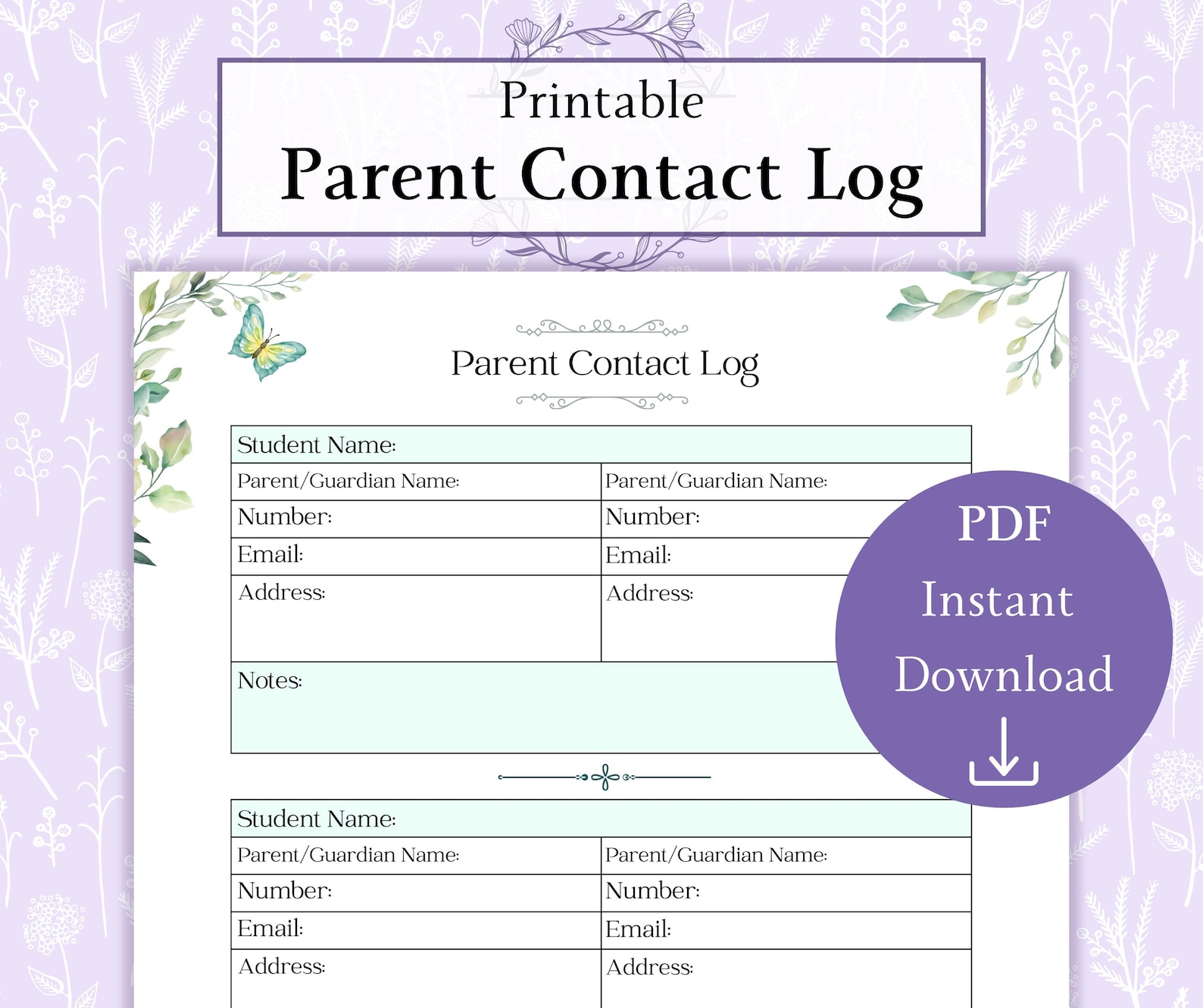 Parent Contact Log Printable PDF | Parent Teacher Log | Communication ...