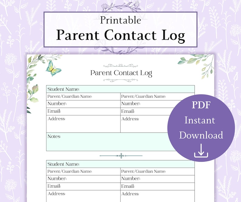 Parent Contact Log Printable PDF | Parent Teacher Log | Communication ...