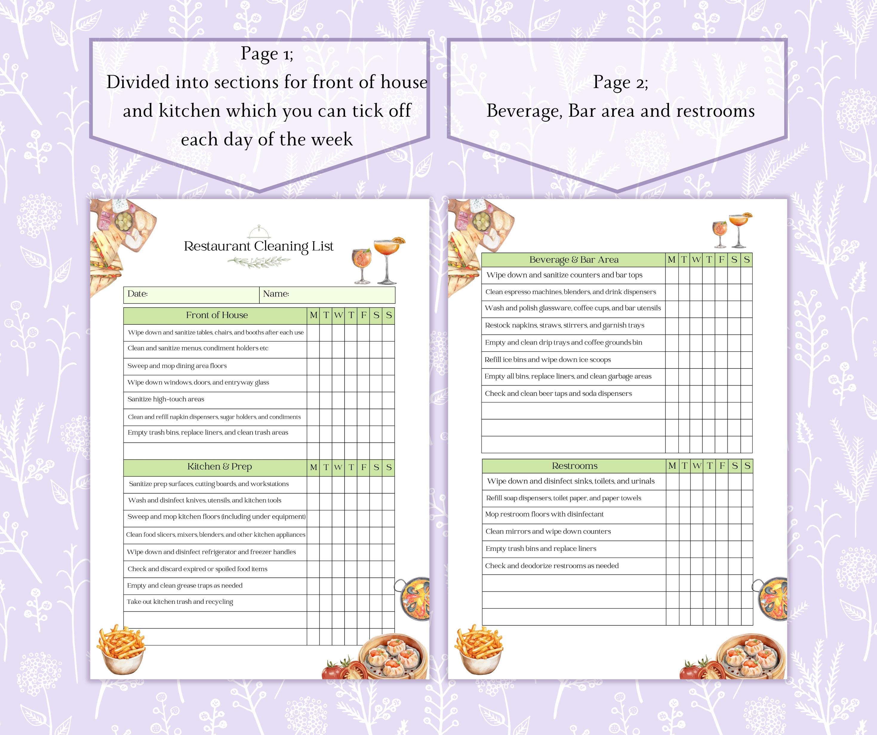 Restaurant Cleaning List Printable PDF | Restaurant Checklist ...