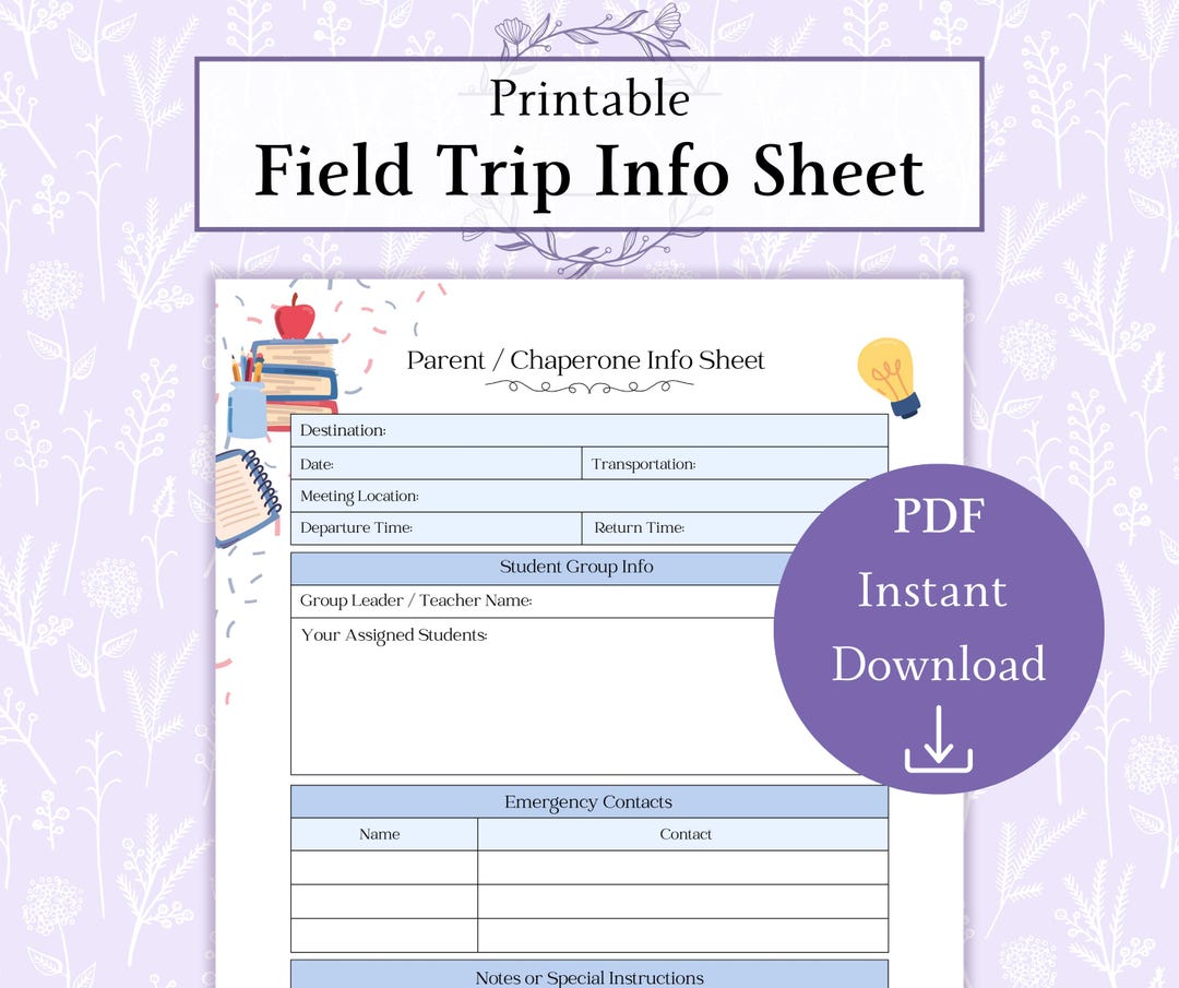 Field Trip Chaperone Sheet Printable PDF, Field Trip Info Sheet ...