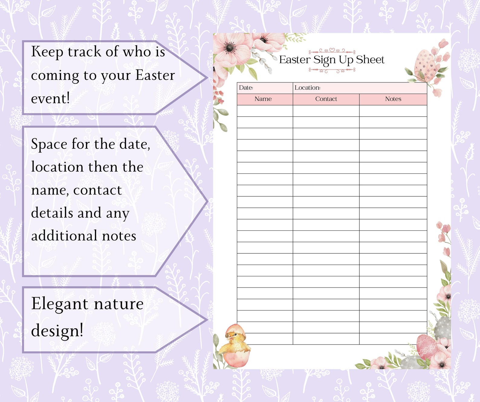 Easter Sign up Sheet Printable PDF | Religious Holiday Party | Contact ...