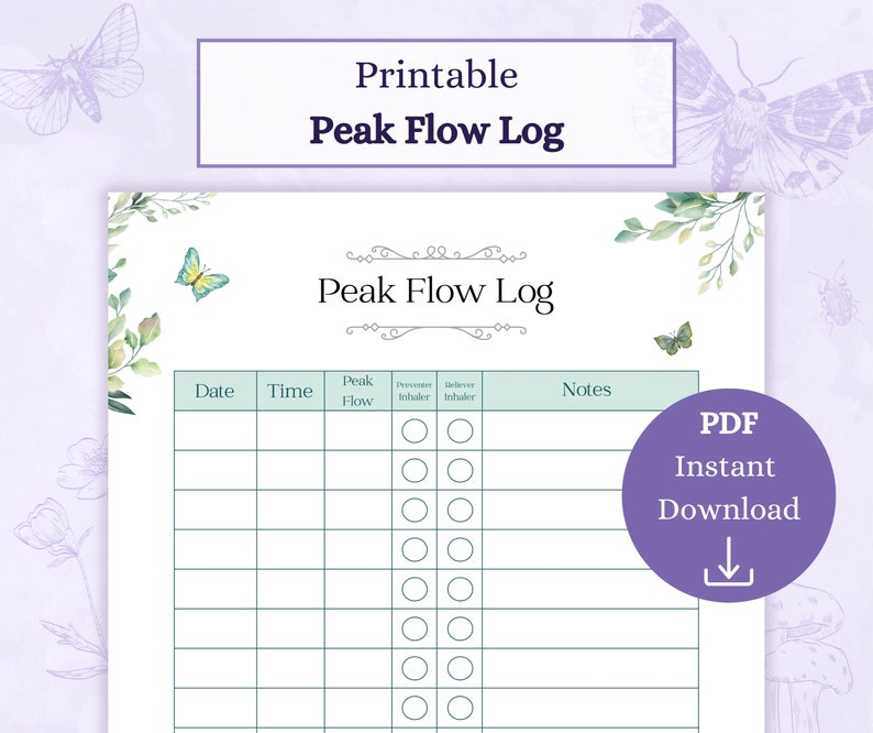 Peak Flow Log Printable PDF | Peak Flow Chart | Asthma Tracker ...