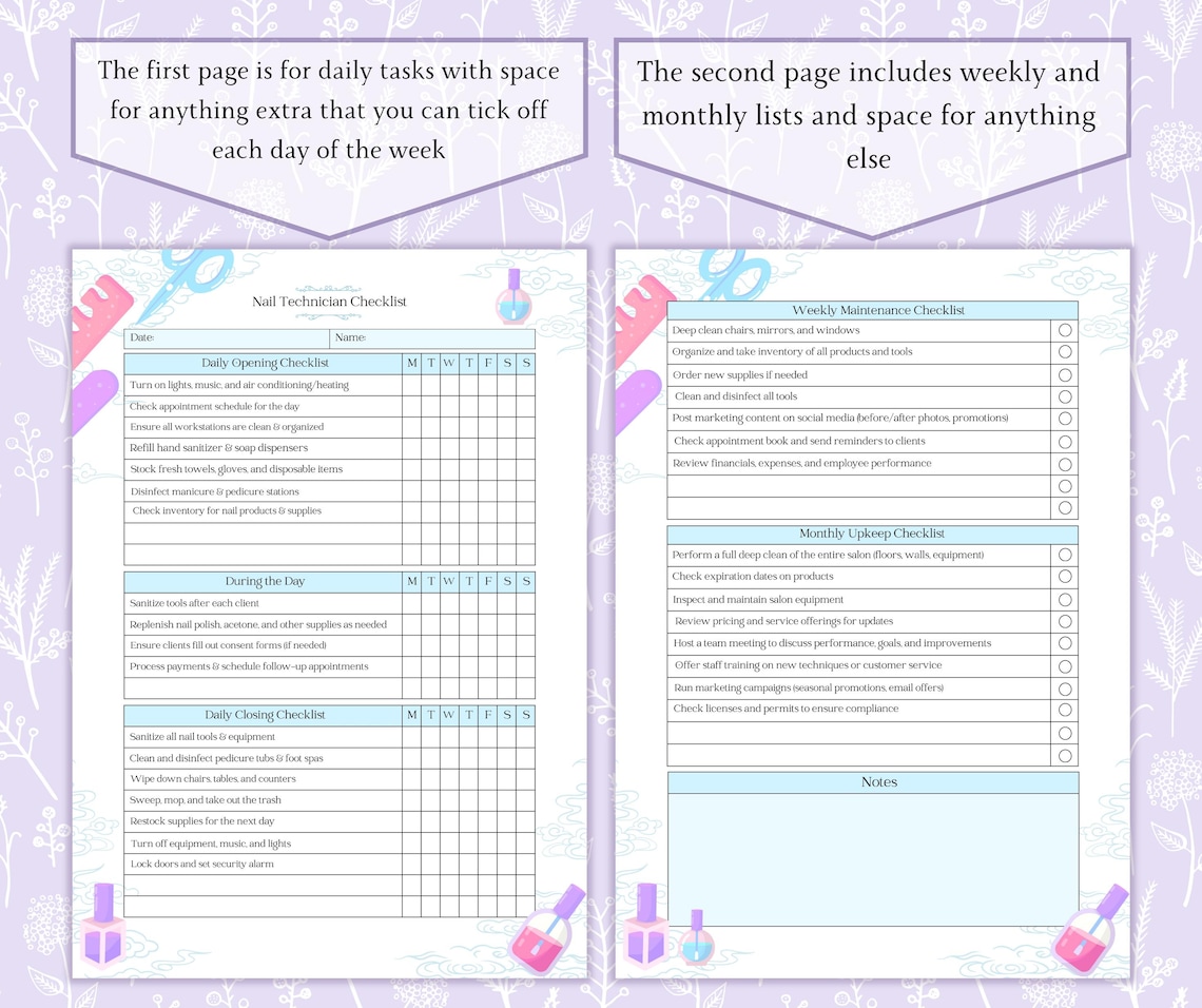 Nail Technician Checklist Printable PDF | Nail Salon Checklist | Nail ...