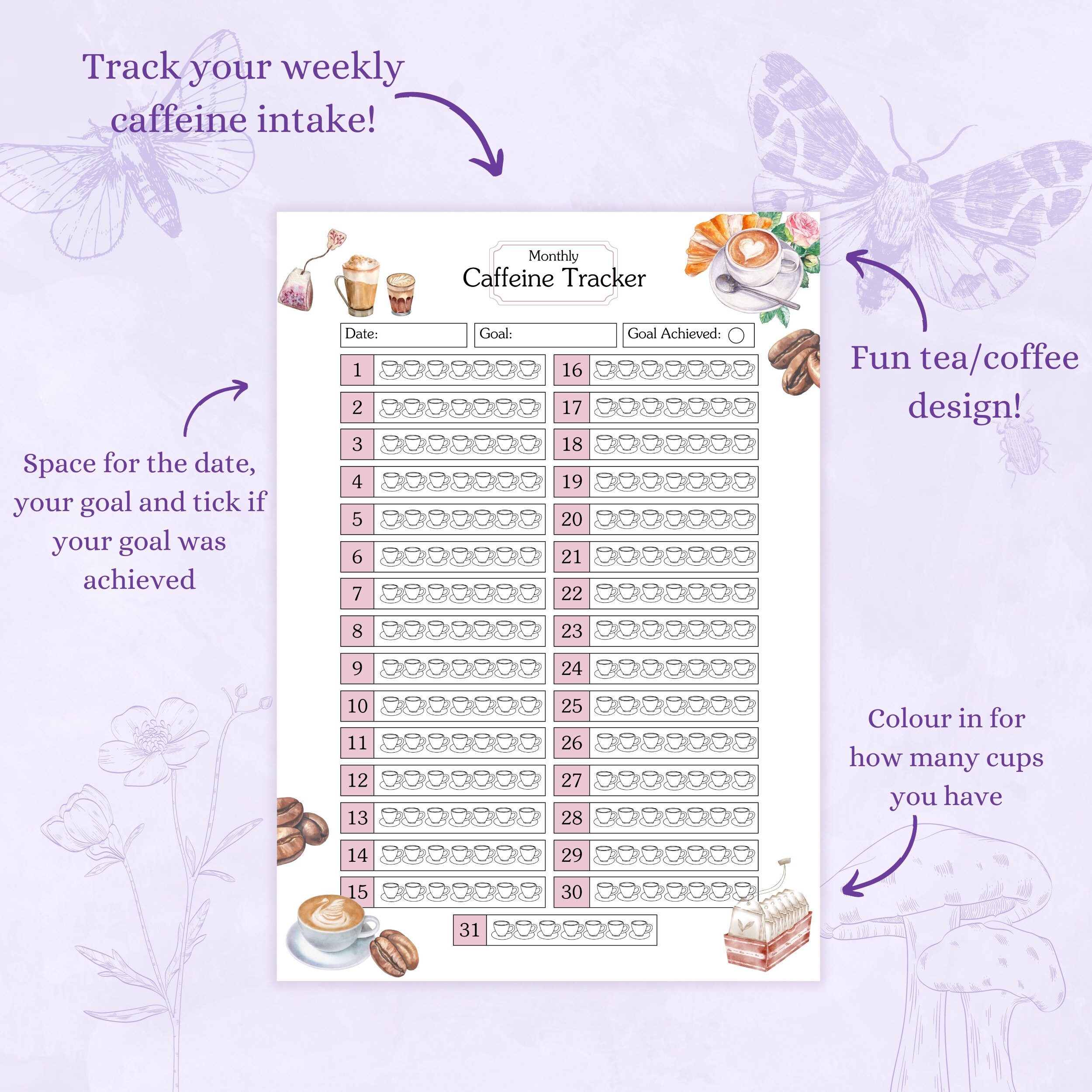 Monthly Caffeine Tracker Printable PDF | Wellness Planner | Caffeine ...