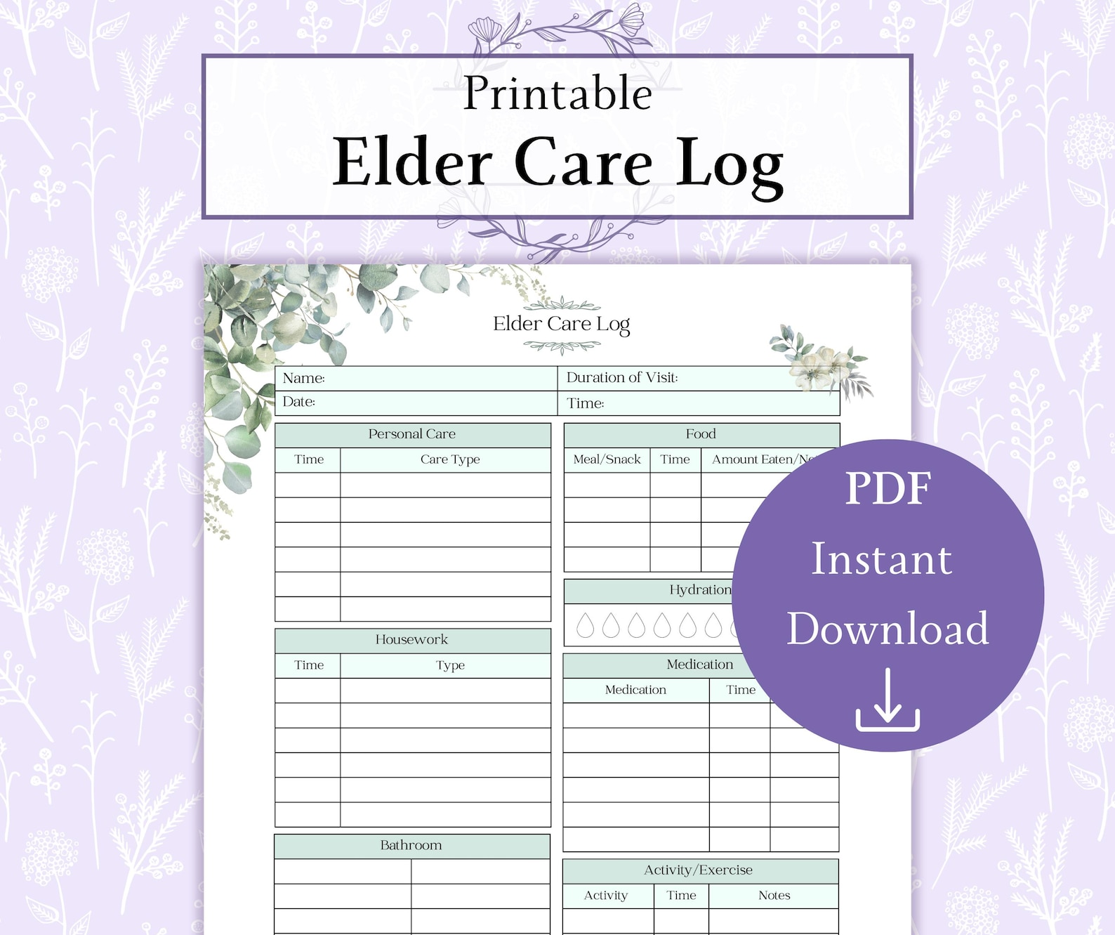 Elder Care Log Printable PDF | Caregiver Daily Log | Caregiver Report ...