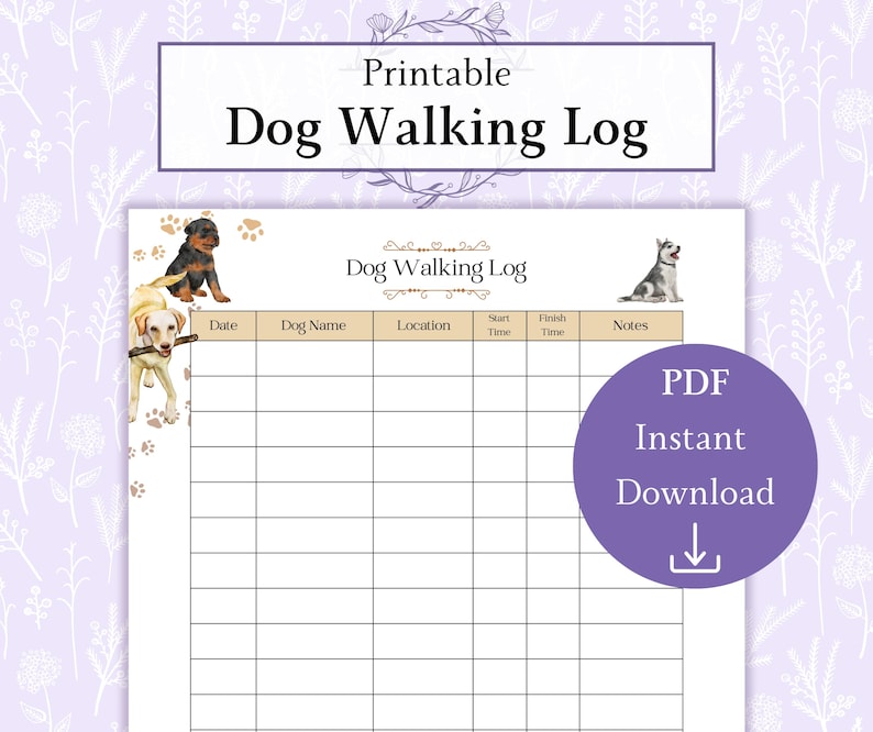 Dog Walking Log Printable PDF | Dog Walking Journal | Dog Walking ...